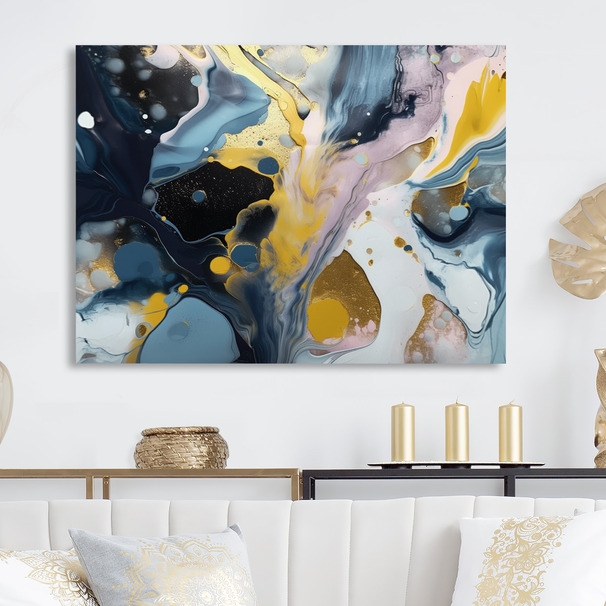 Ivy Bronx Yellow and Blue Fluid Stone II - Abstract Marble Metal Wall ...