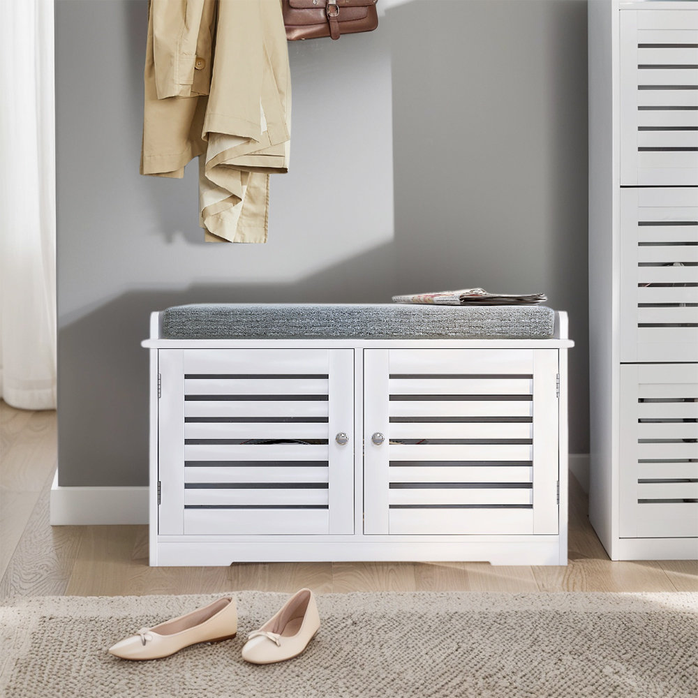 Beachcrest Home White Shoe Rack Bench with 2 Doors & Padded Seat Grey ...