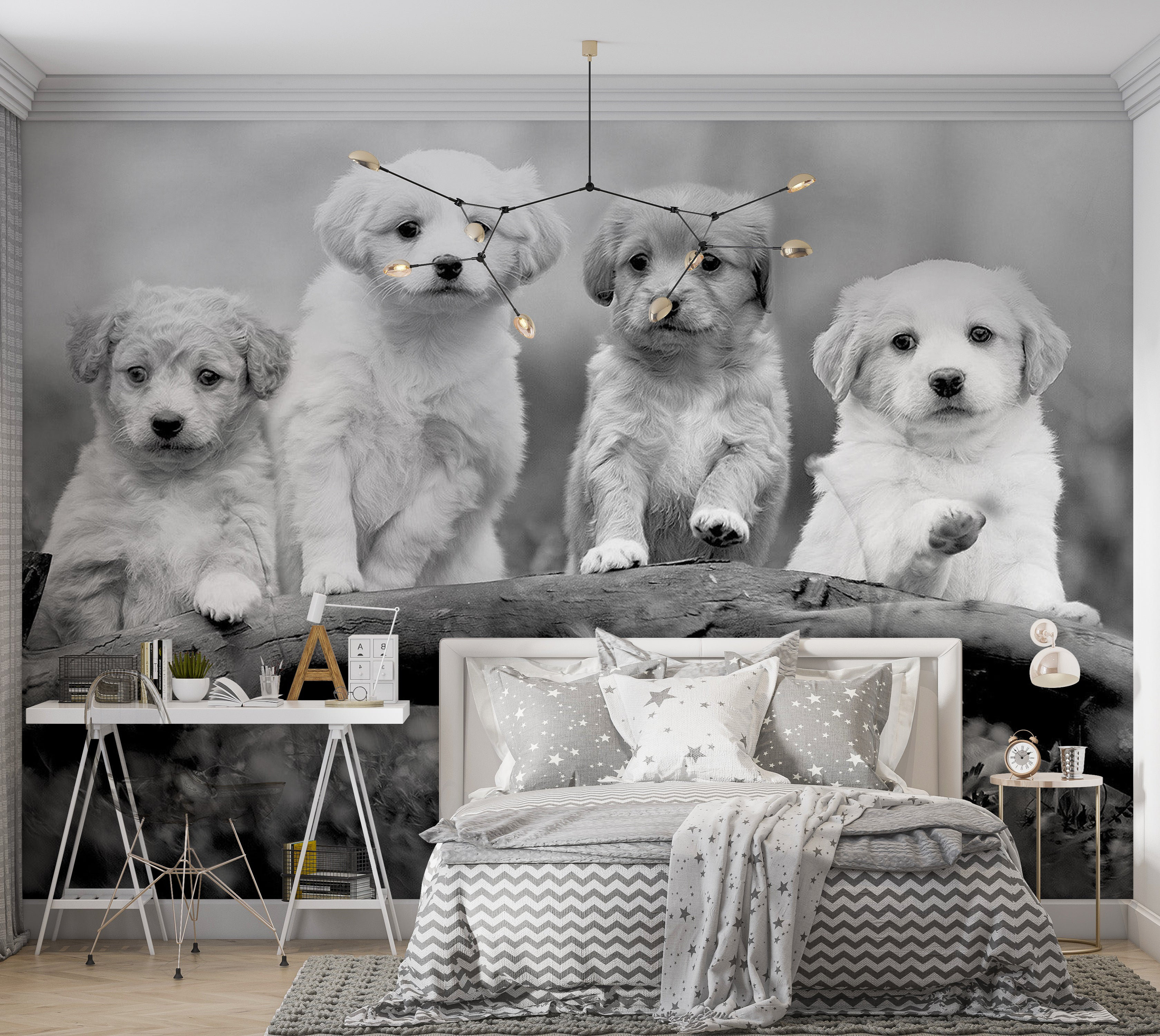 Wildon Home® Animal Wallpaper Wall Mural - Four Puppies | Wayfair