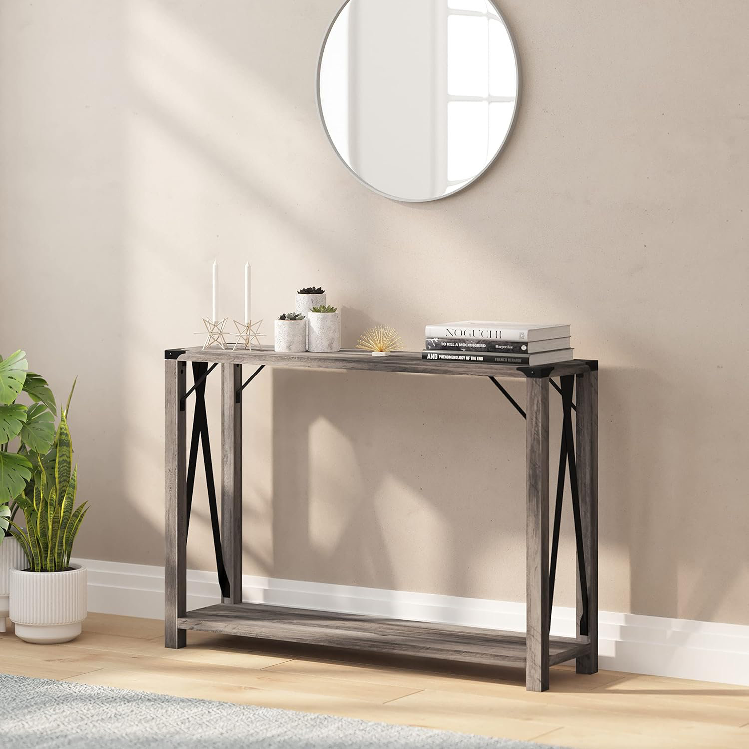Gracie Oaks Two Tier Modern Farmhouse Console Table With Black Metal ...
