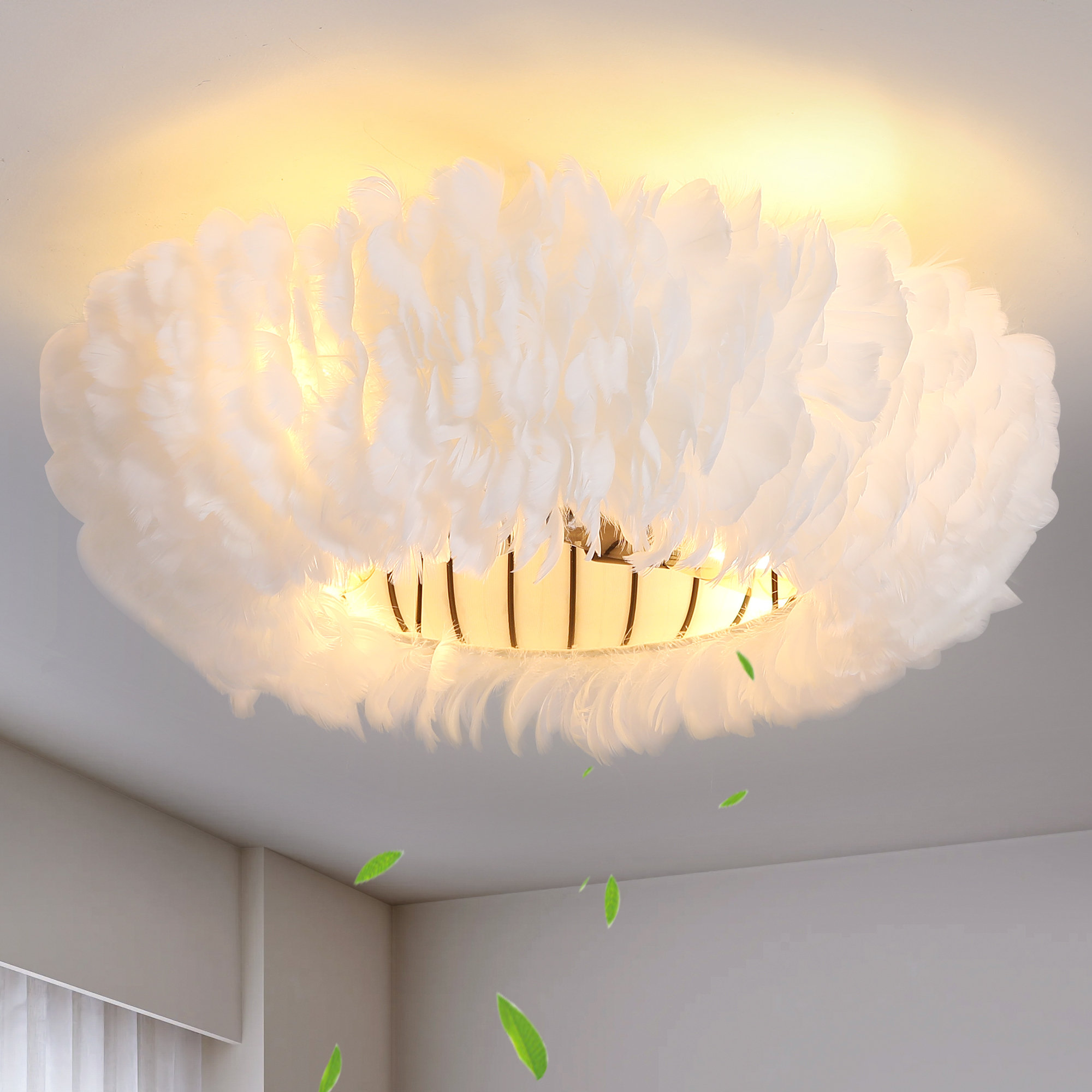 Ebern Designs Elegant Feather Design Ceiling Fan With Lights Flush ...
