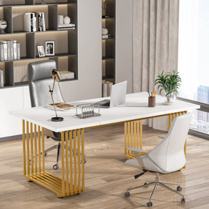 Mercer41 70.9" Modern Office Desk, White Executive Desk With Gold Metal ...