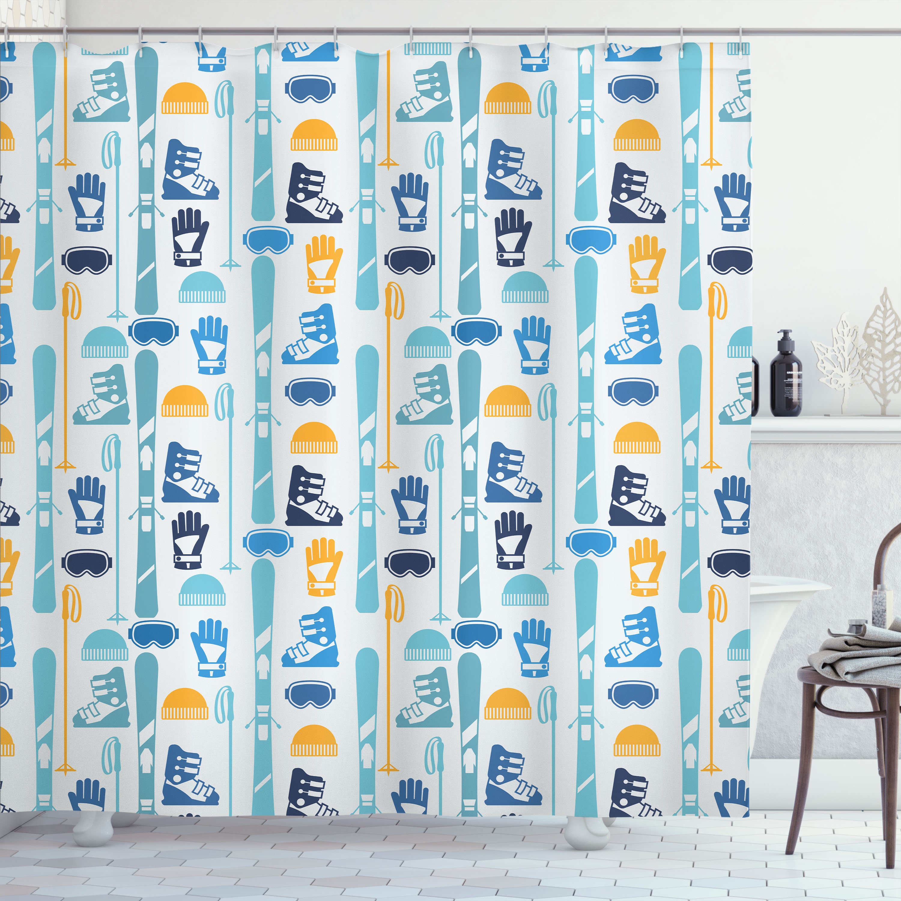 East Urban Home Skiing Shower Curtain Skiing Outfit and Equipment Ivory ...