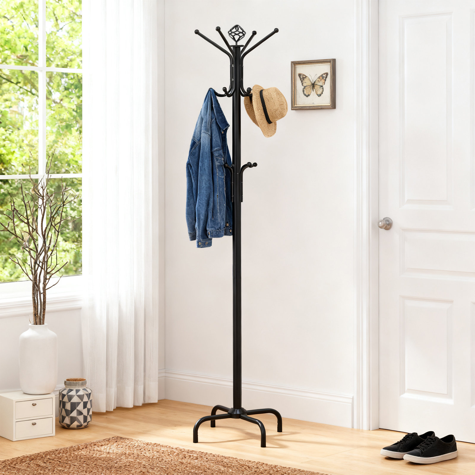 Latitude Run® Black Metal Coat Rack With Three Tier Spider Design Hooks ...