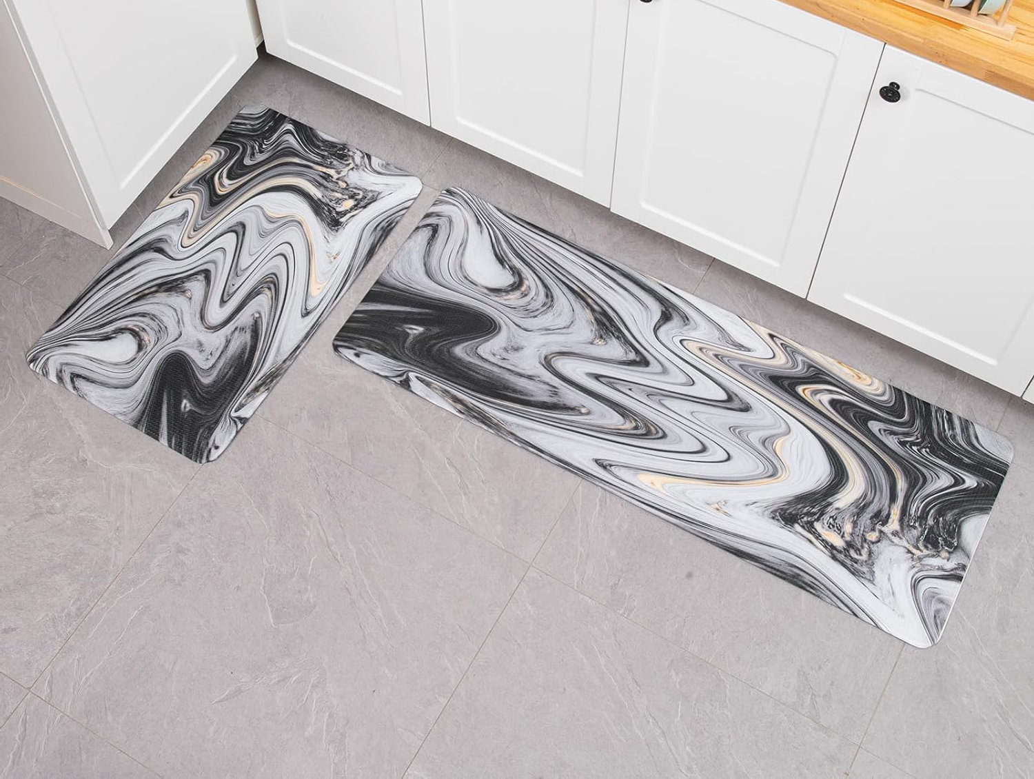 Everly Quinn Black Marble 2 Pieces Waterproof Cushioned Kitchen Rugs ...