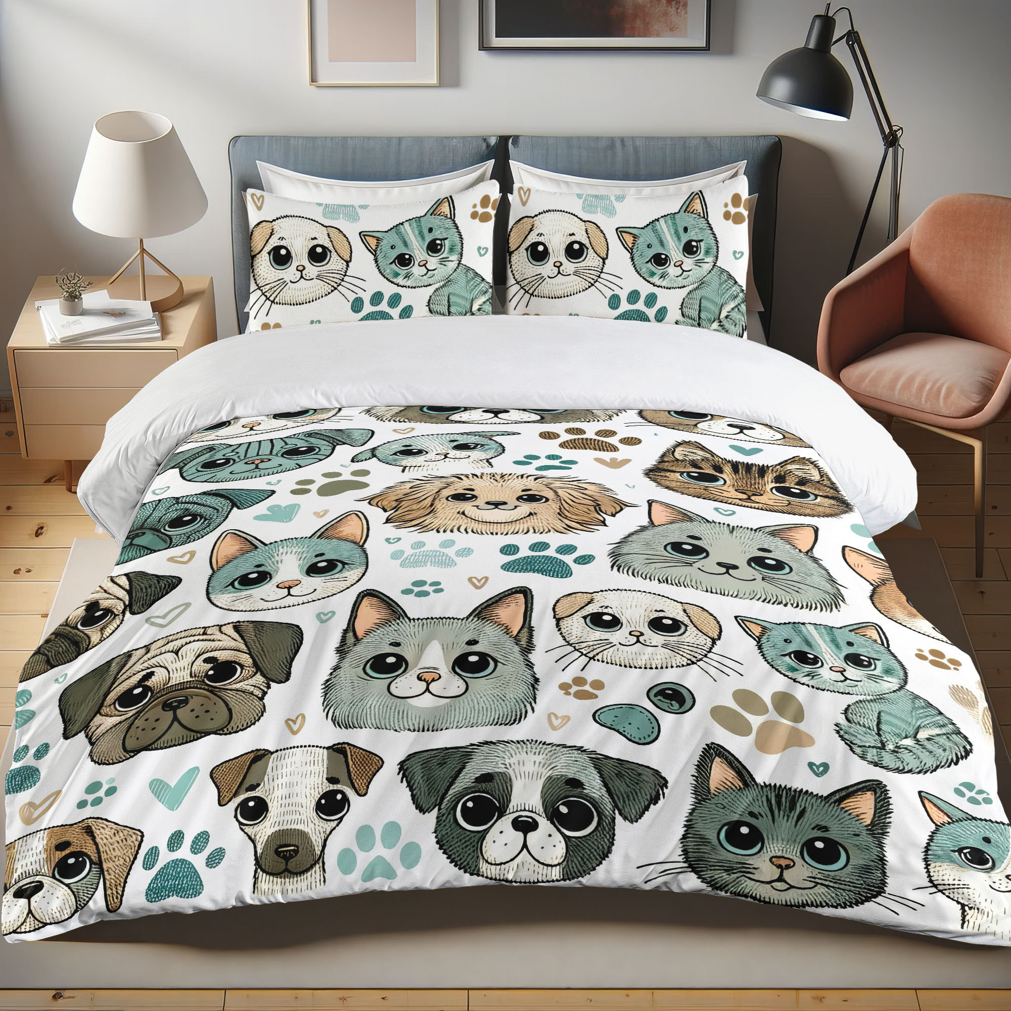 Ambesonne Cats and Dogs Duvet Cover Set Kittens Pugs Bulldogs Teal ...