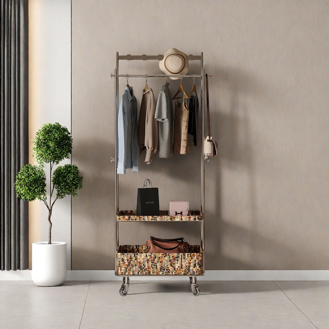 17 Stories Stainless Steel Coat Rack Wheels Dual Storage Hook - Wayfair ...