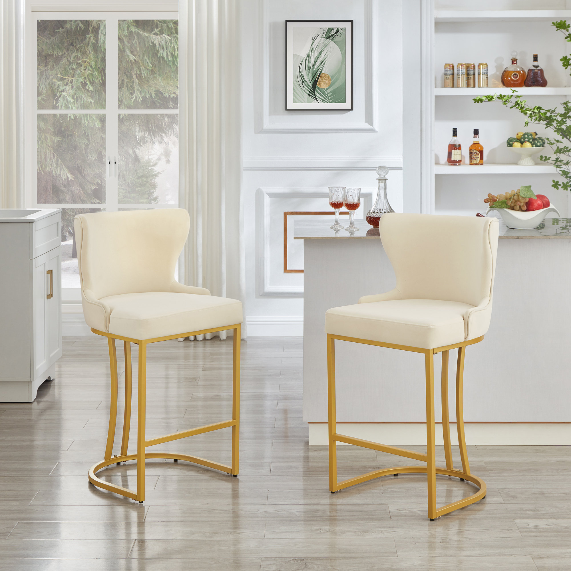 Everly Quinn Set of 2 modern counter height stools with shell-shaped ...