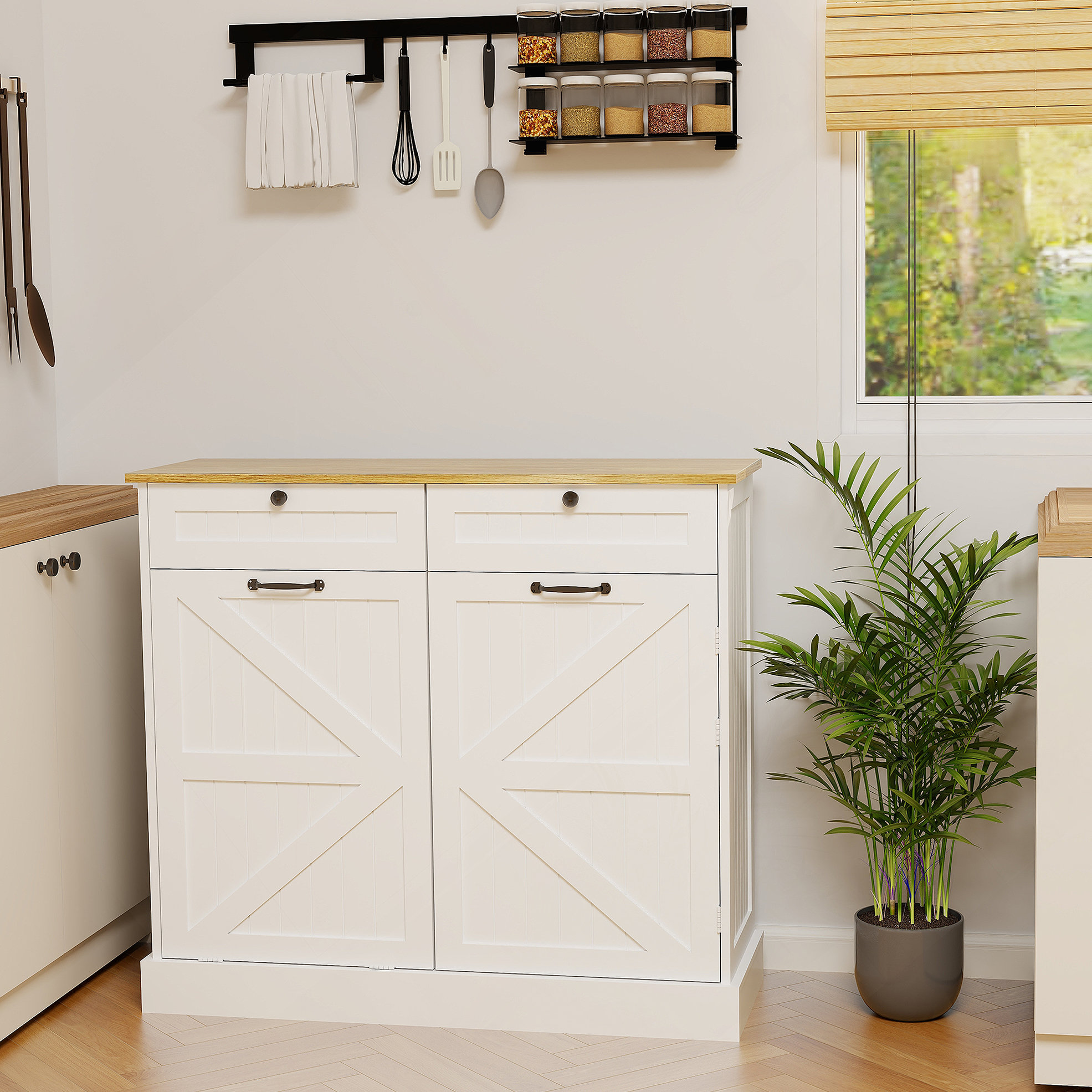 Ophelia & Co. Kitchen Trash Can Storage Cabinet with 2 Drawers & 1 Tilt ...