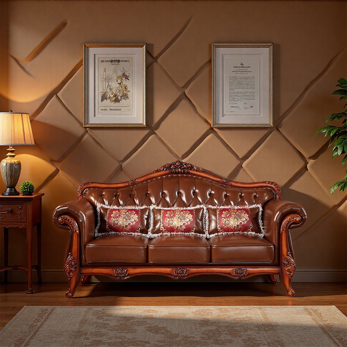 One Allium Way® Rural simple carved three-seater leather sofa | Wayfair