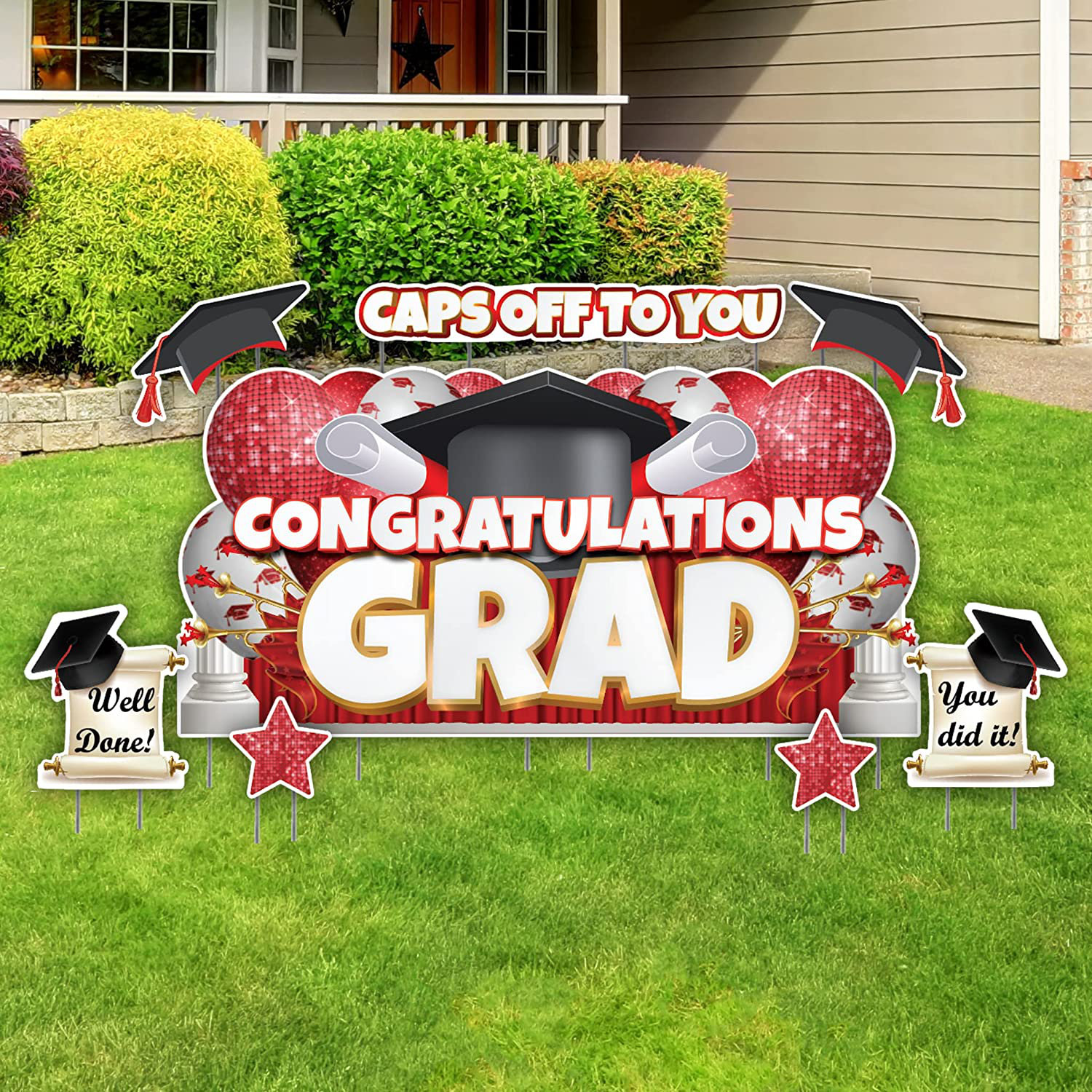 Arlmont & Co. Caps Off To You Graduation Yard Sign Set, 72x36 Inches, 8 ...