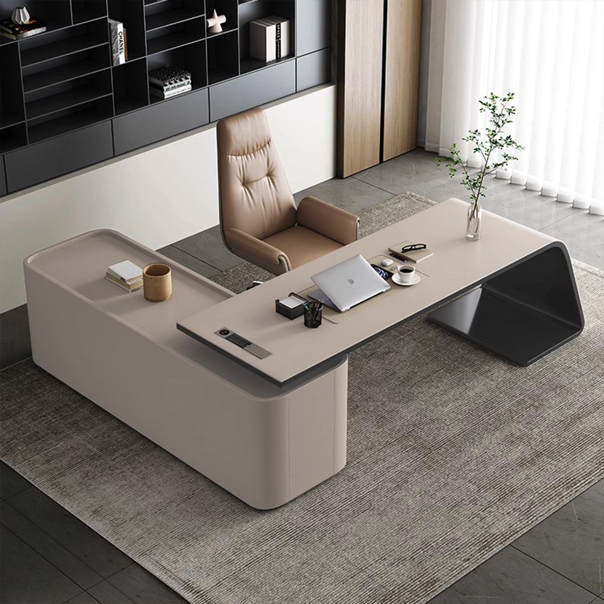 Orren Ellis L-shaped Modern Minimalist Beige Office Desk With Built-in ...