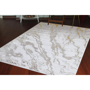 17 Stories Abstract Light Beige With Gold Shimmy Metallic Rug Carpet ...