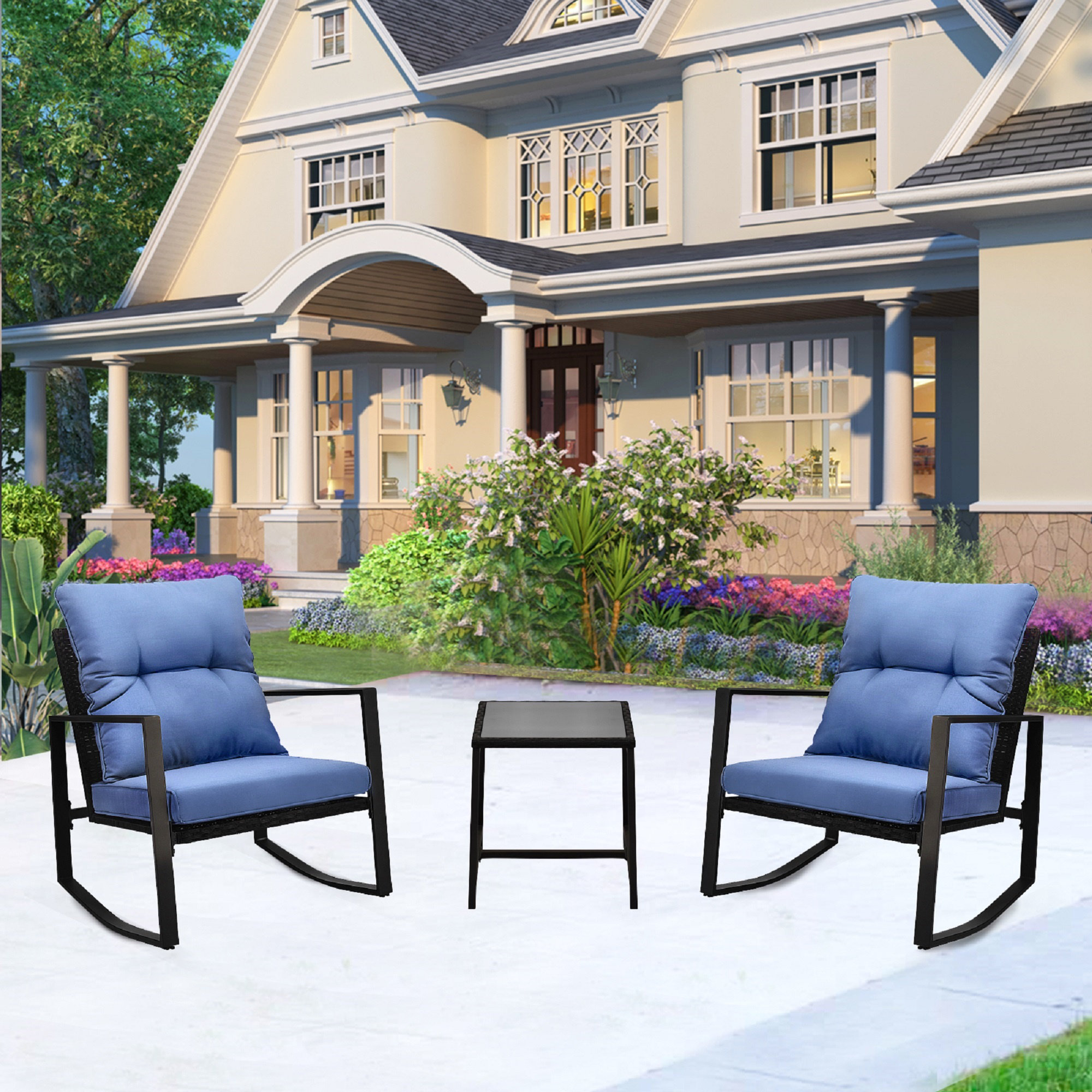 Ebern Designs 3 Pieces Patio Bistro Set Outdoor Rocking Chair W Blue ...