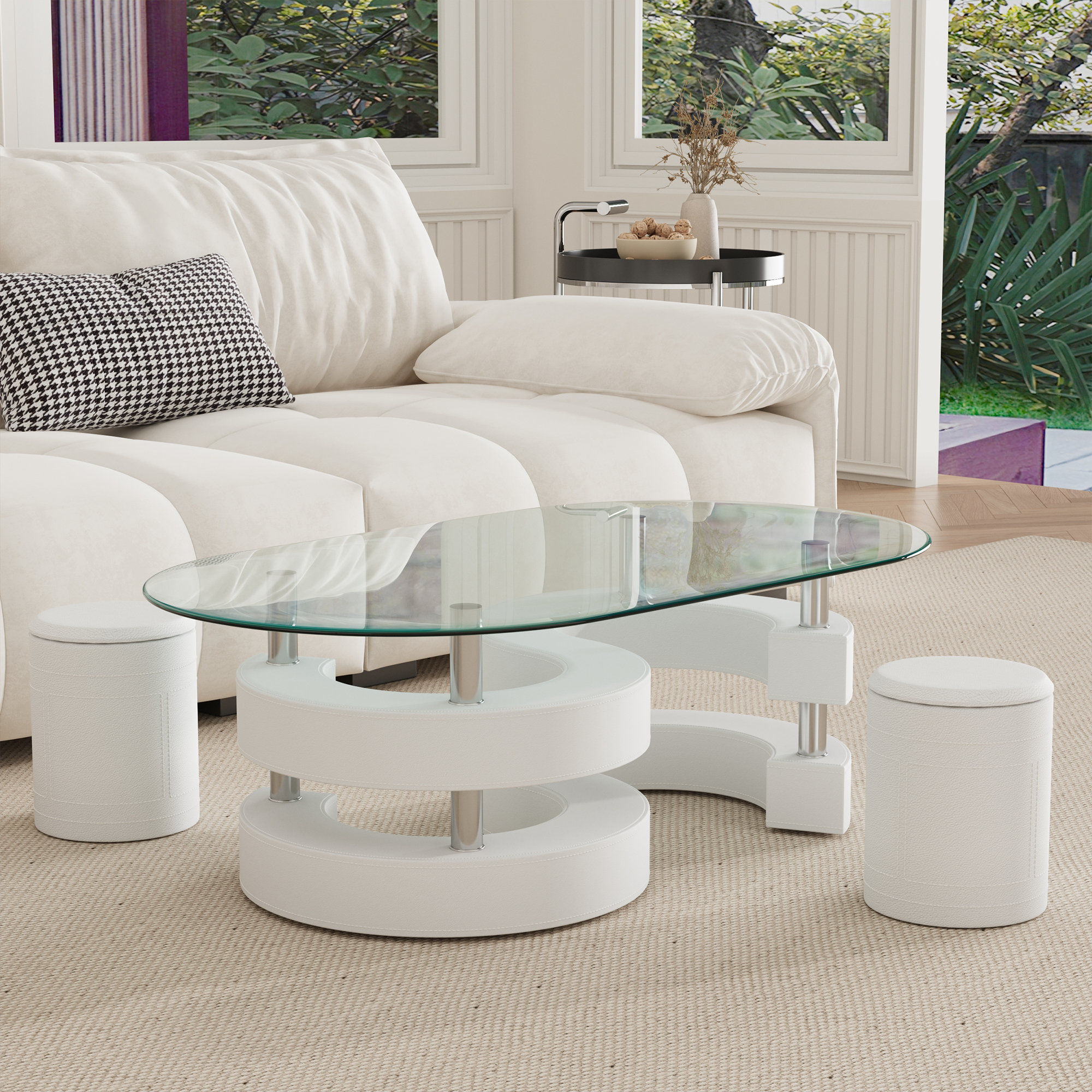 Ivy Bronx Glass Top Coffee Table With Storage Stools | Wayfair
