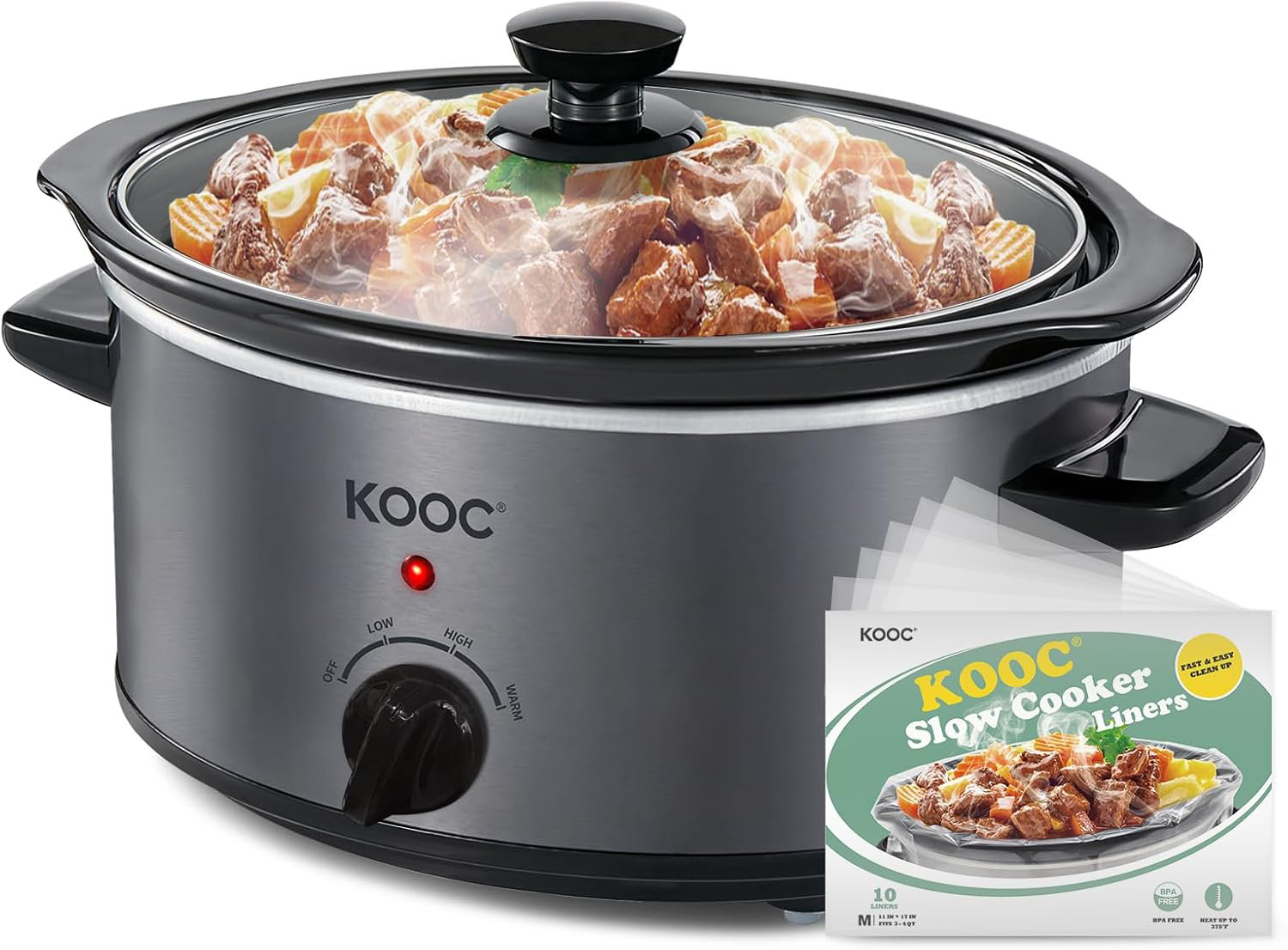 KOOC 4 Quart Slow Cooker, Free Liners Included for Easy Clean-up, 3 ...