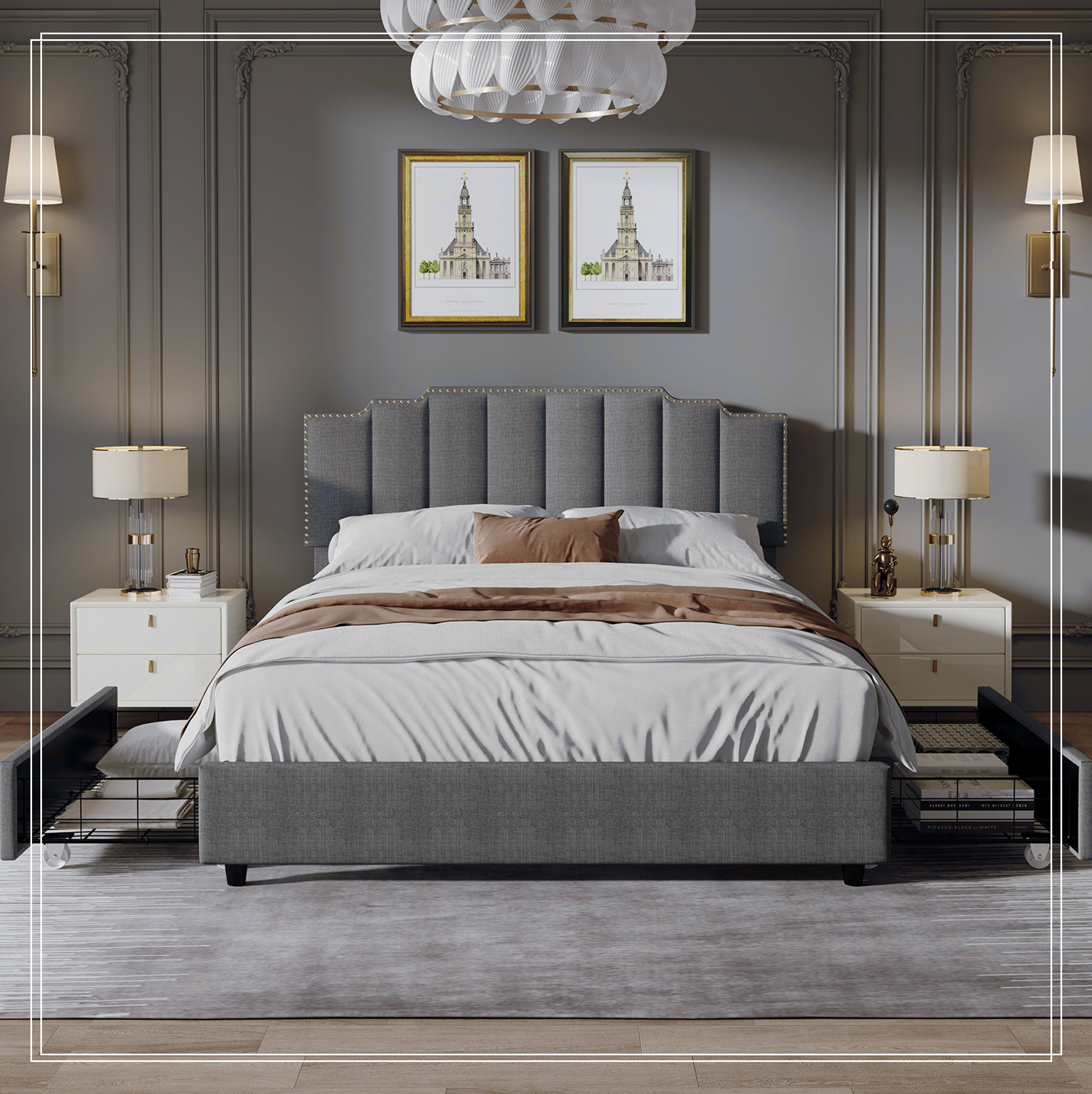 Latitude Run® Upholstered Platform Bed Linen Bed Frame With 2 Drawers ...