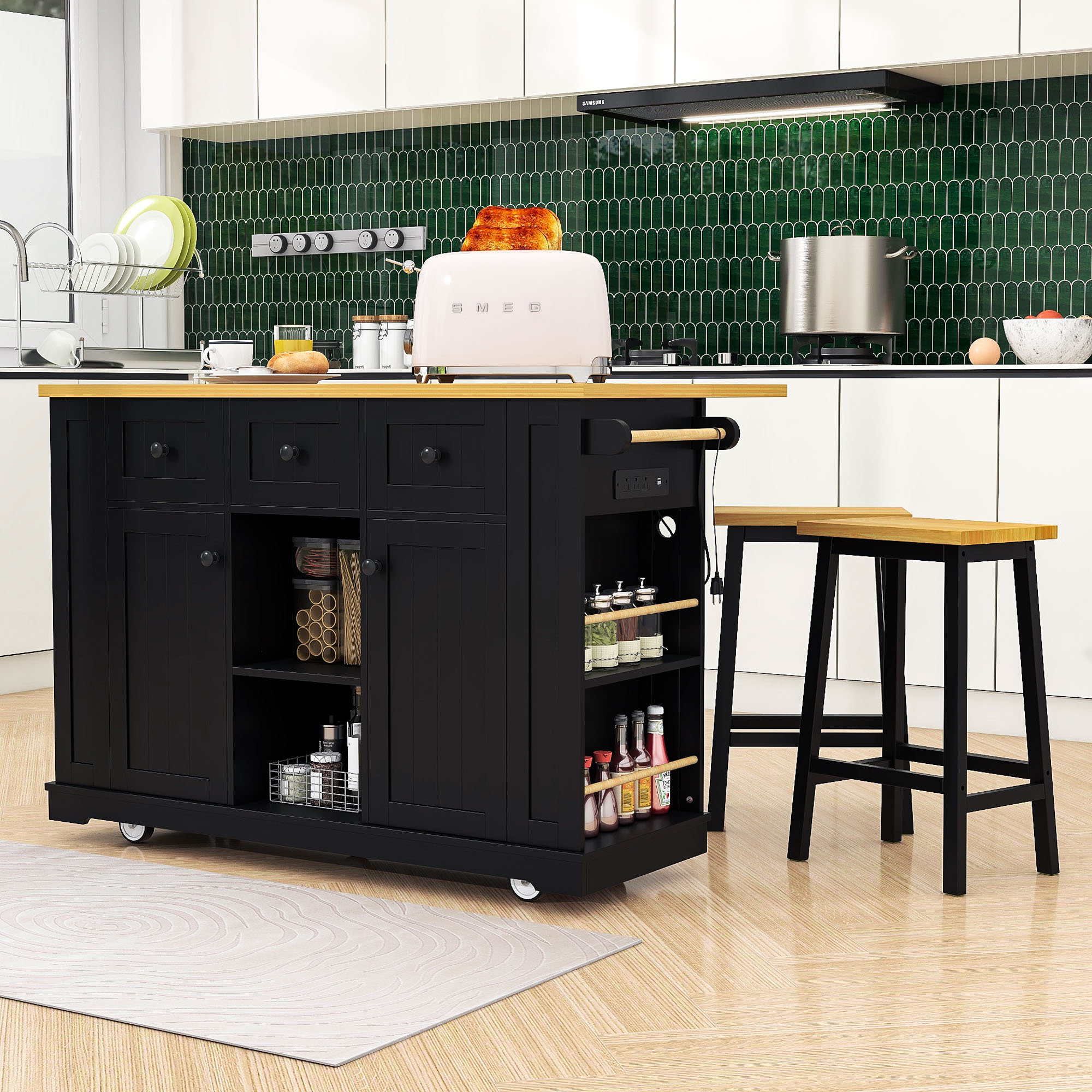 Lark Manor™ Kitchen Island Set with 2 Bar Stools, Integrated Power ...