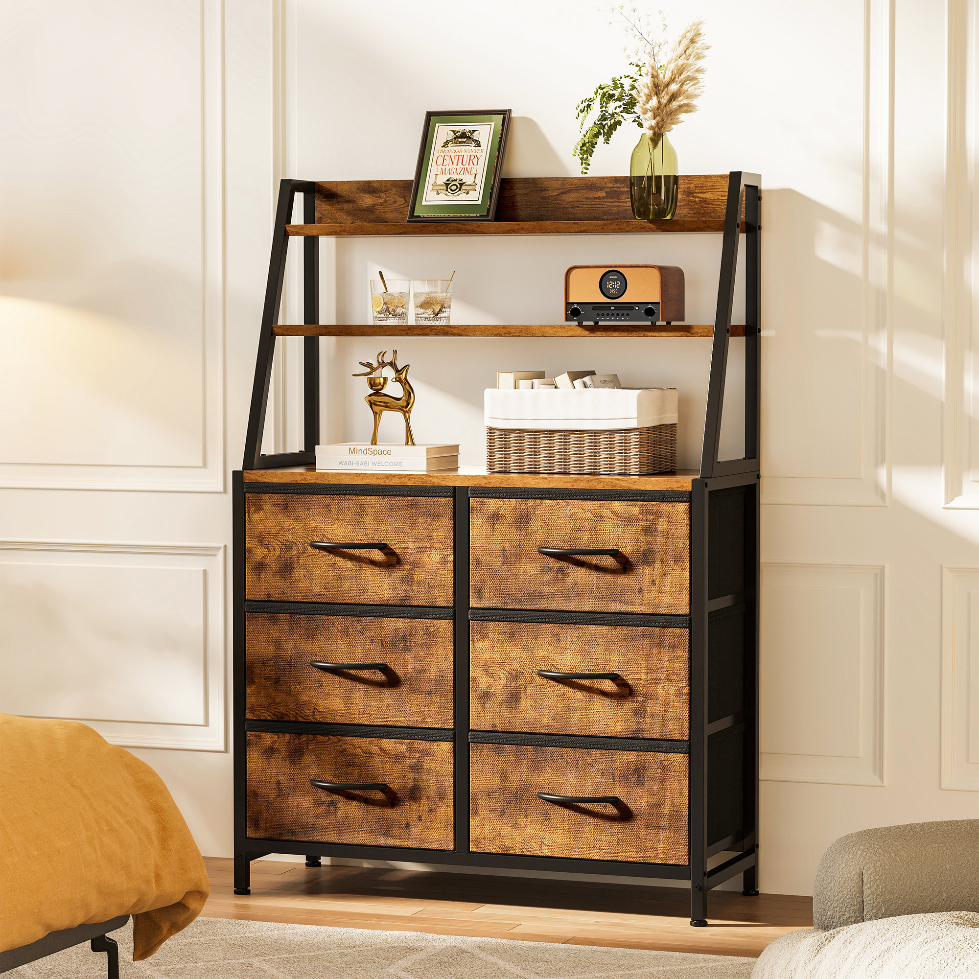 Ebern Designs Storage Bookcase With 6 Drawers, Display Bookshelf With 3 ...