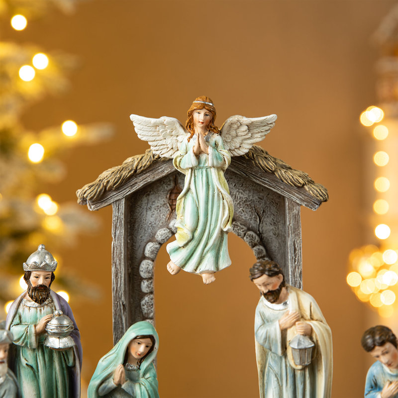 The Holiday Aisle® 11 Piece Deluxe Blue Resin Nativity Figurine Set ...