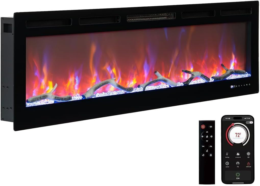 Symple Stuff 60" WiFi Electric Fireplace - Recessed/Wall Mounted, 750W ...