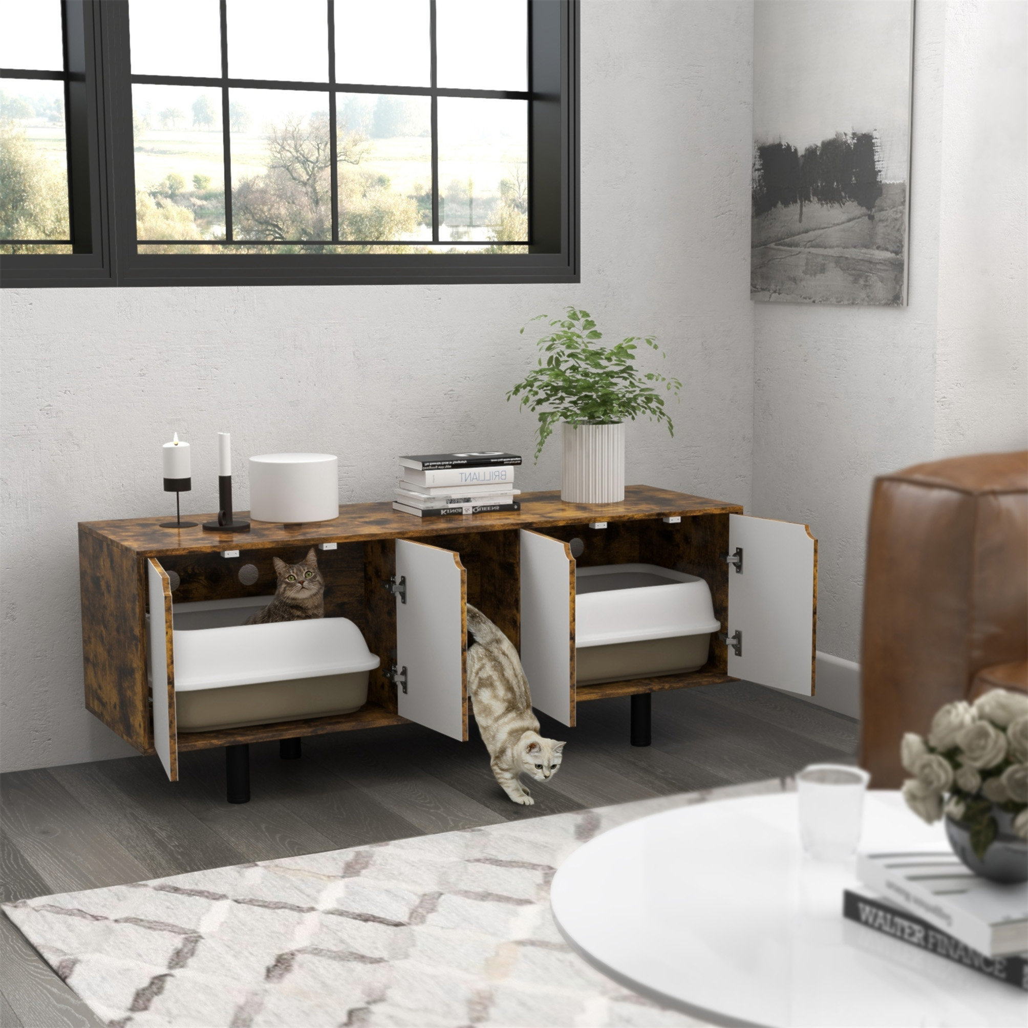 Ophelia & Co. Pawhut Multifunctional Cat Litter Box Furniture With 2 Cabinets, Sand Drain Pad ...