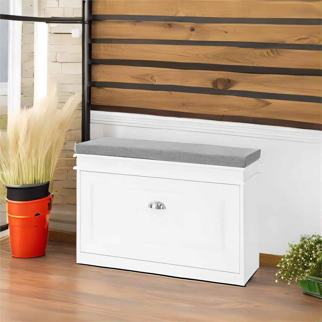 One Allium Way Shoe Storage Bench With Cushion, White Narrow Shoe Rack ...
