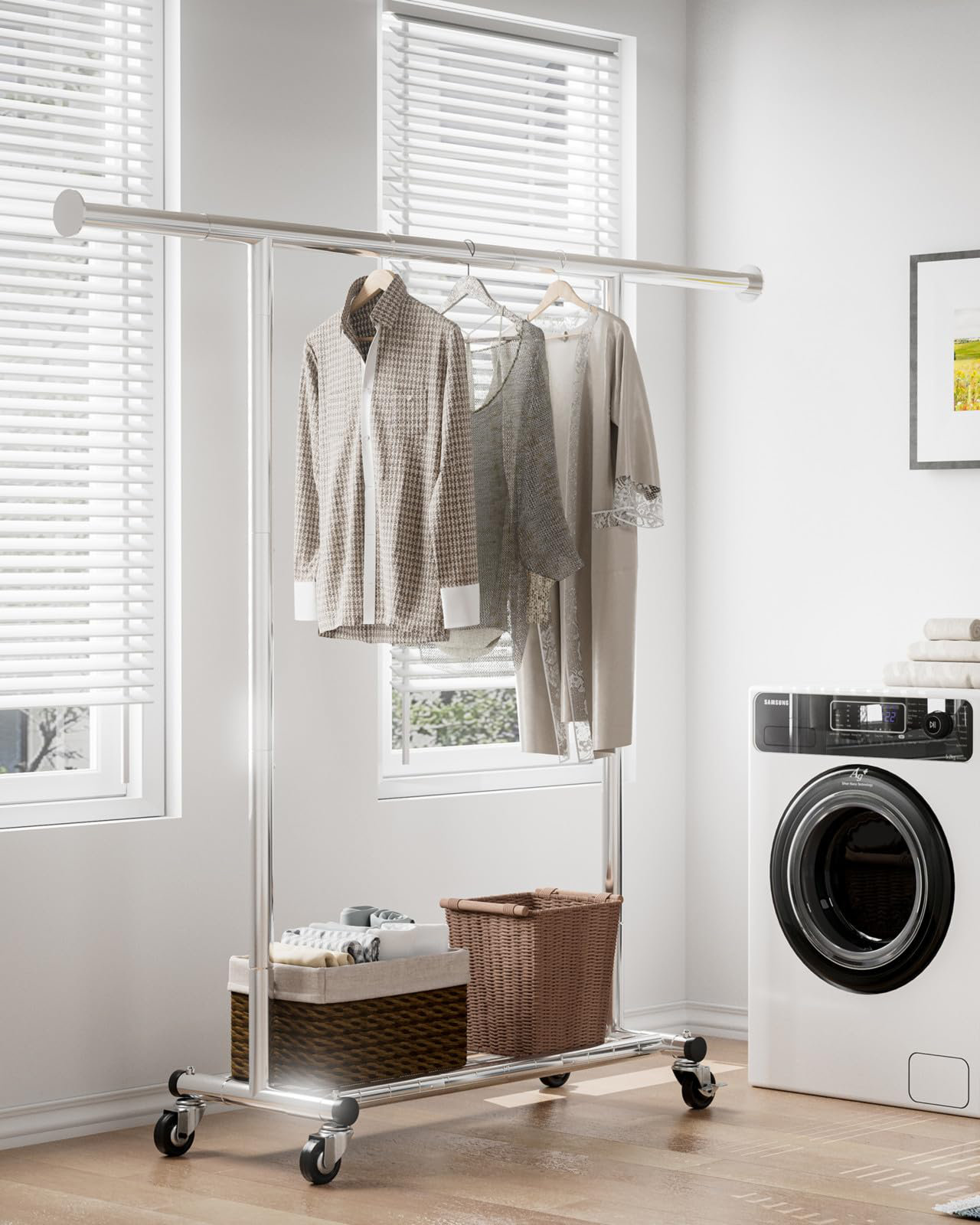 XMVJHOME Heavy Duty Rolling Clothes Rack - Adjustable Metal Garment ...