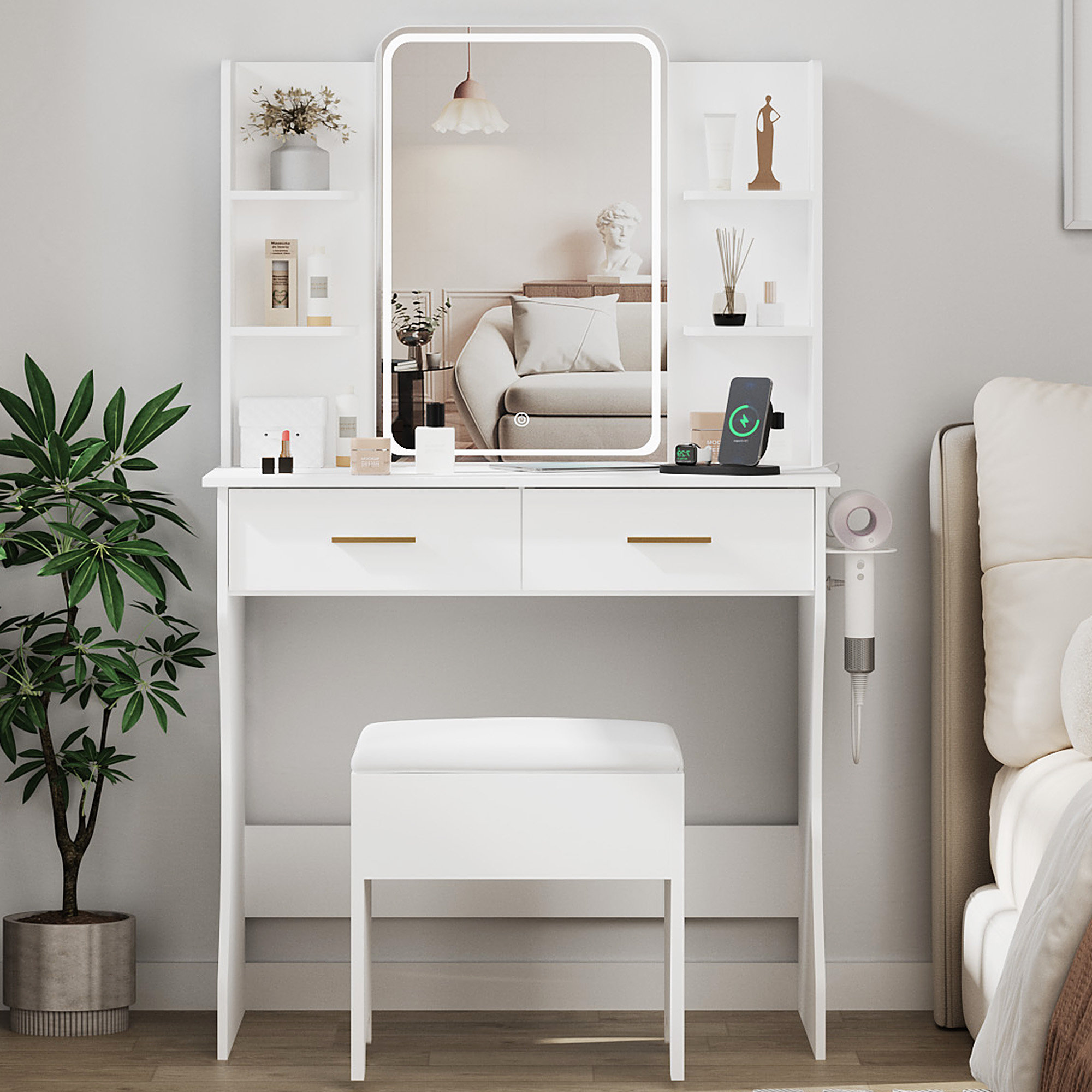 Wrought Studio™ Lacorsha Makeup Vanity Set with LED Mirror ,Vanity Desk ...