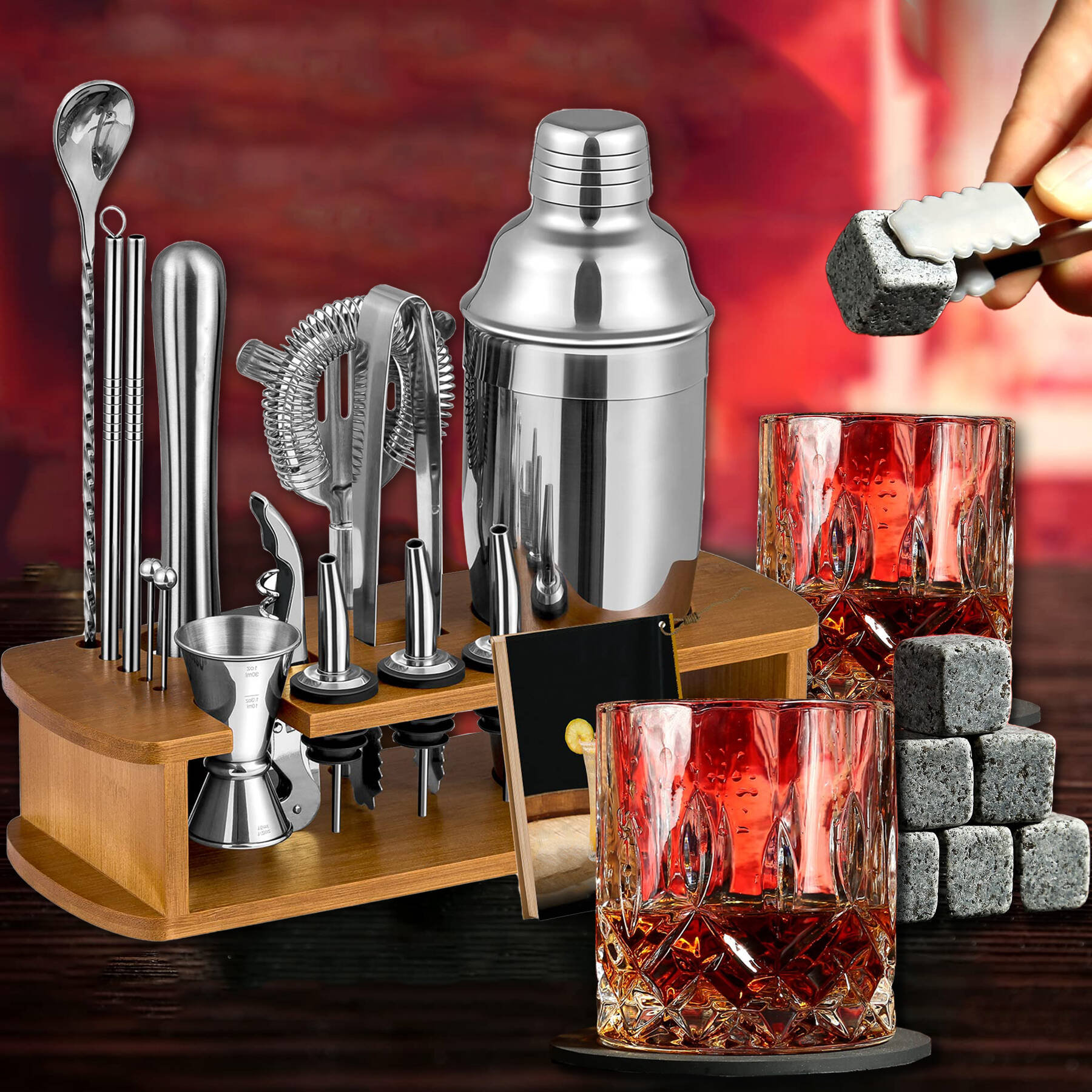 House of Hampton® 15 pieces - cocktail bar tool set with bracket. With ...