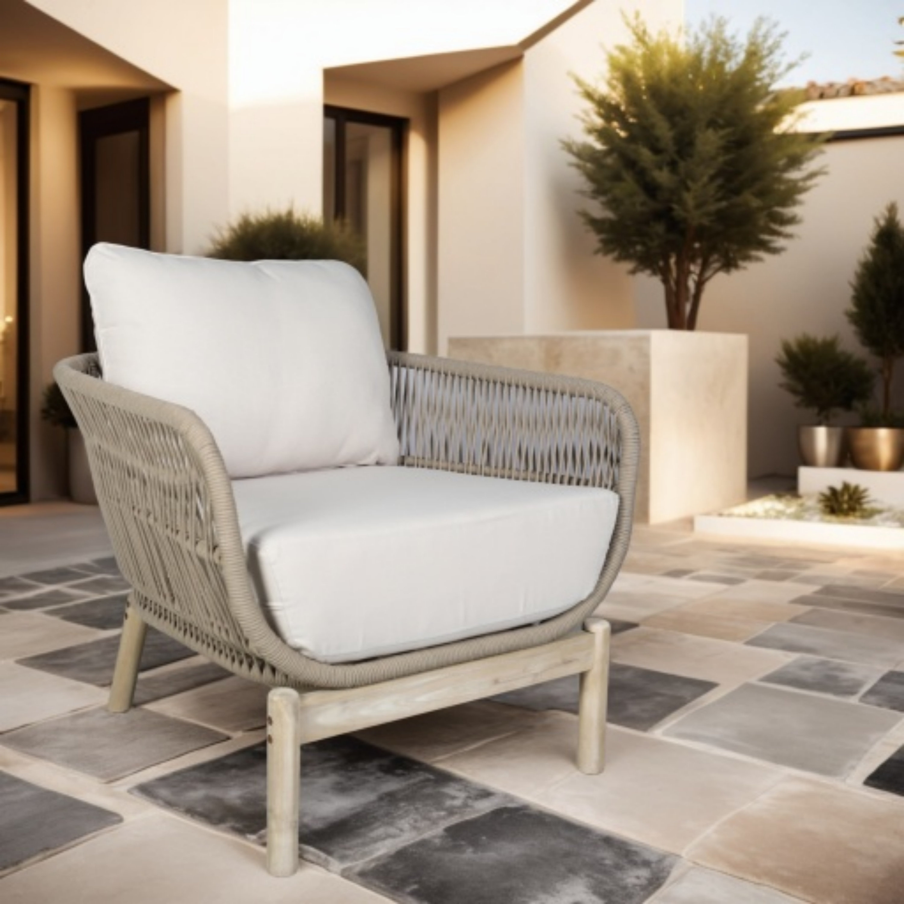 Gracie Oaks Viola Acacia Wood Rope Weaving Patio Outdoor Single Sofa ...