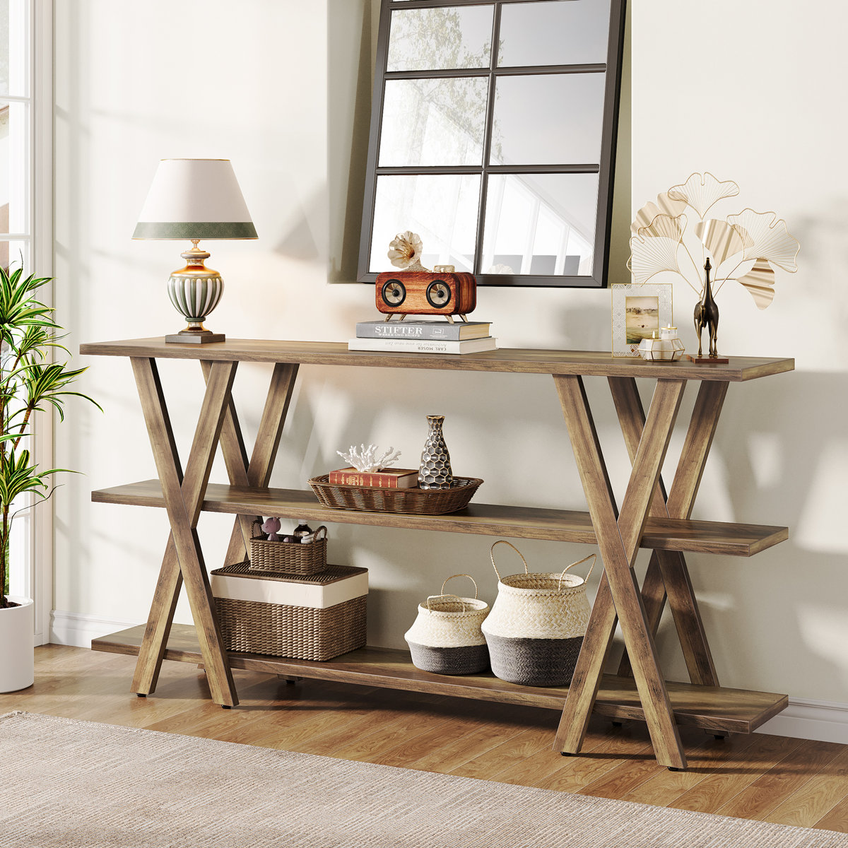 Gracie Oaks Aranda 70'' Console Table with 3 Open Storage Shelves X ...