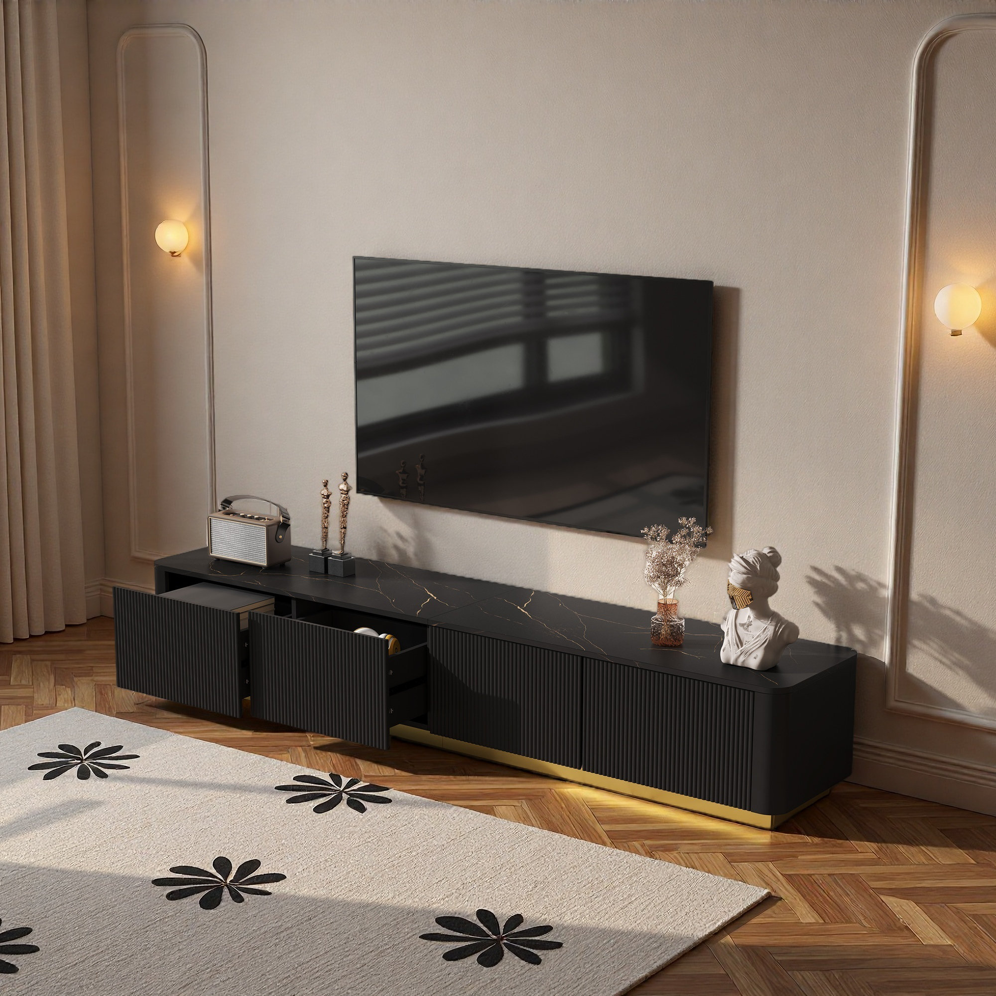 Magiccactus Luxury Fluted TV Stand For Tvs Up To 85", Faux Marble ...