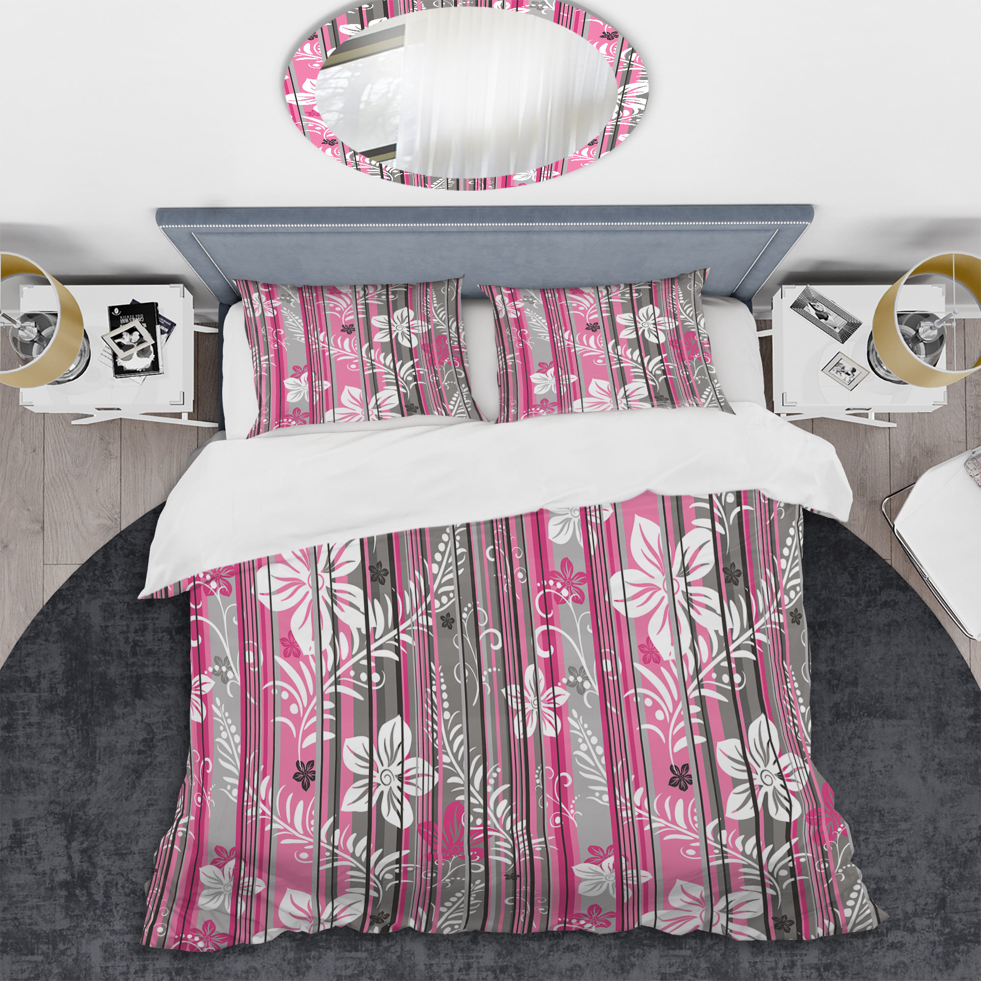 Design Art Pink and Grey Floral Striped - Abstract Duvet Cover Set ...