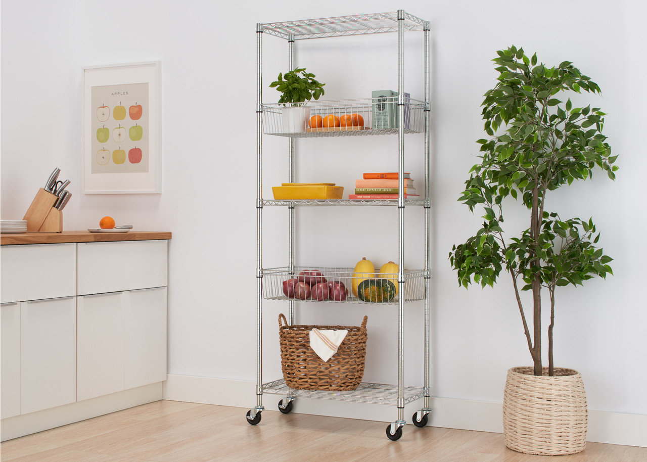 Trinity 30" W x 14" D x 72" H 5 Tier Modular Wire Shelving with Baskets ...