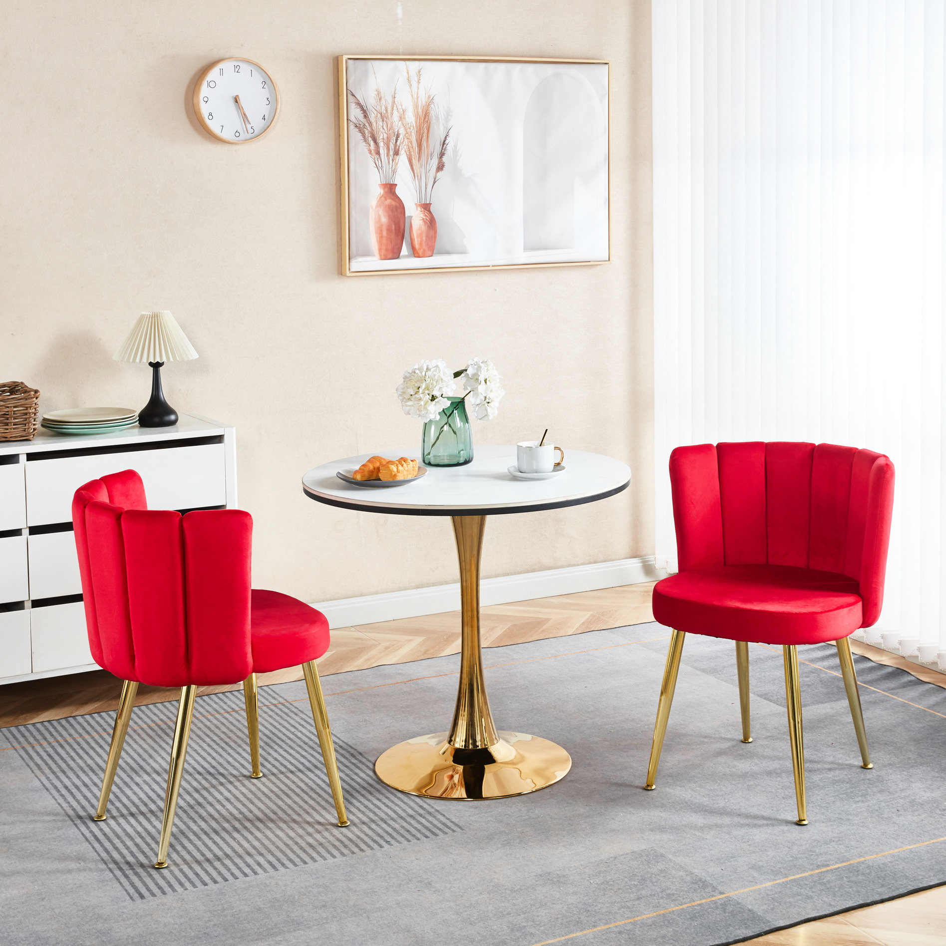 Everly Quinn Modern Red Velvet Dining Chair Pair, Iron Tube Golden Legs ...