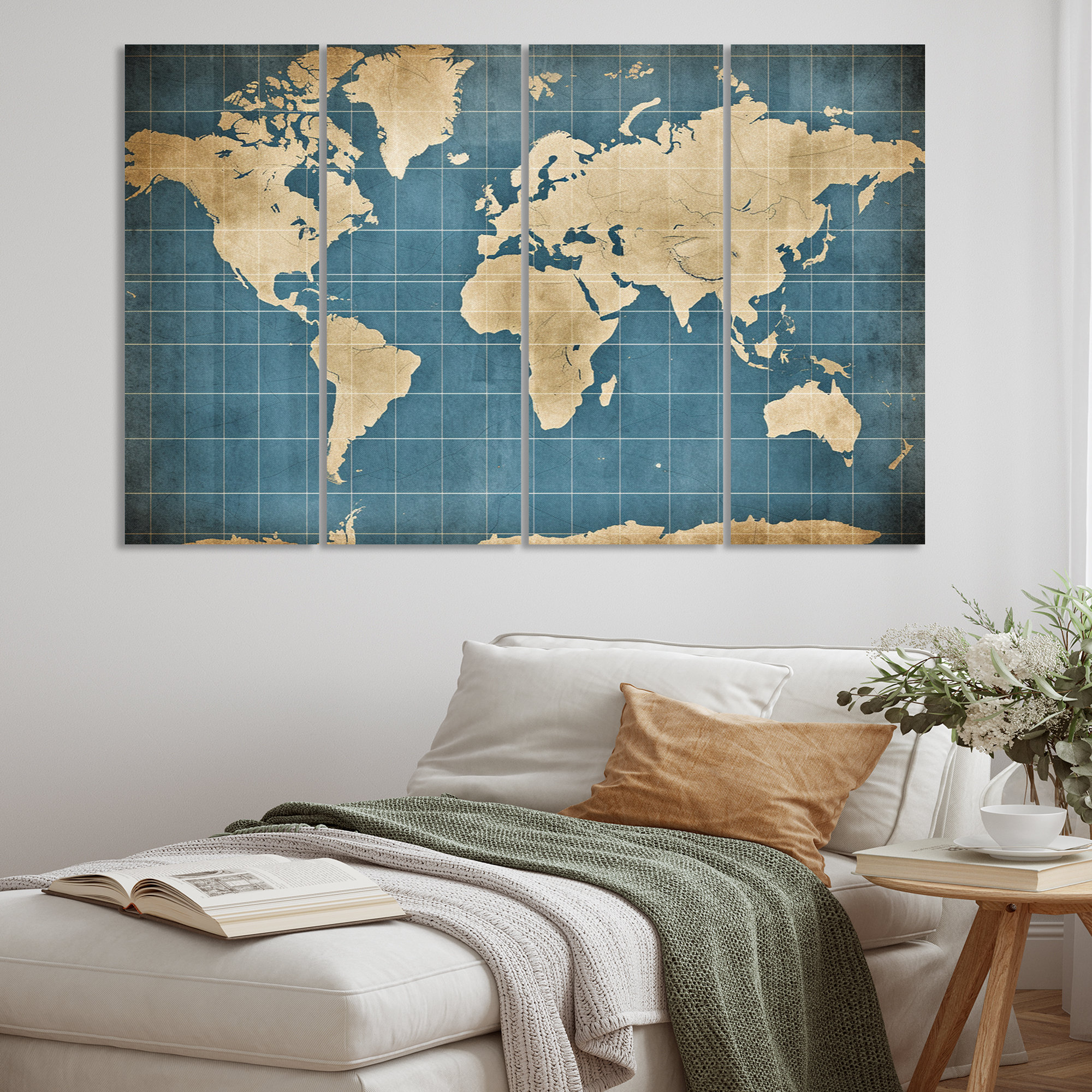 Design Art Ancient Map Of The World V - Maps Canvas Wall Art - 4 Panels ...