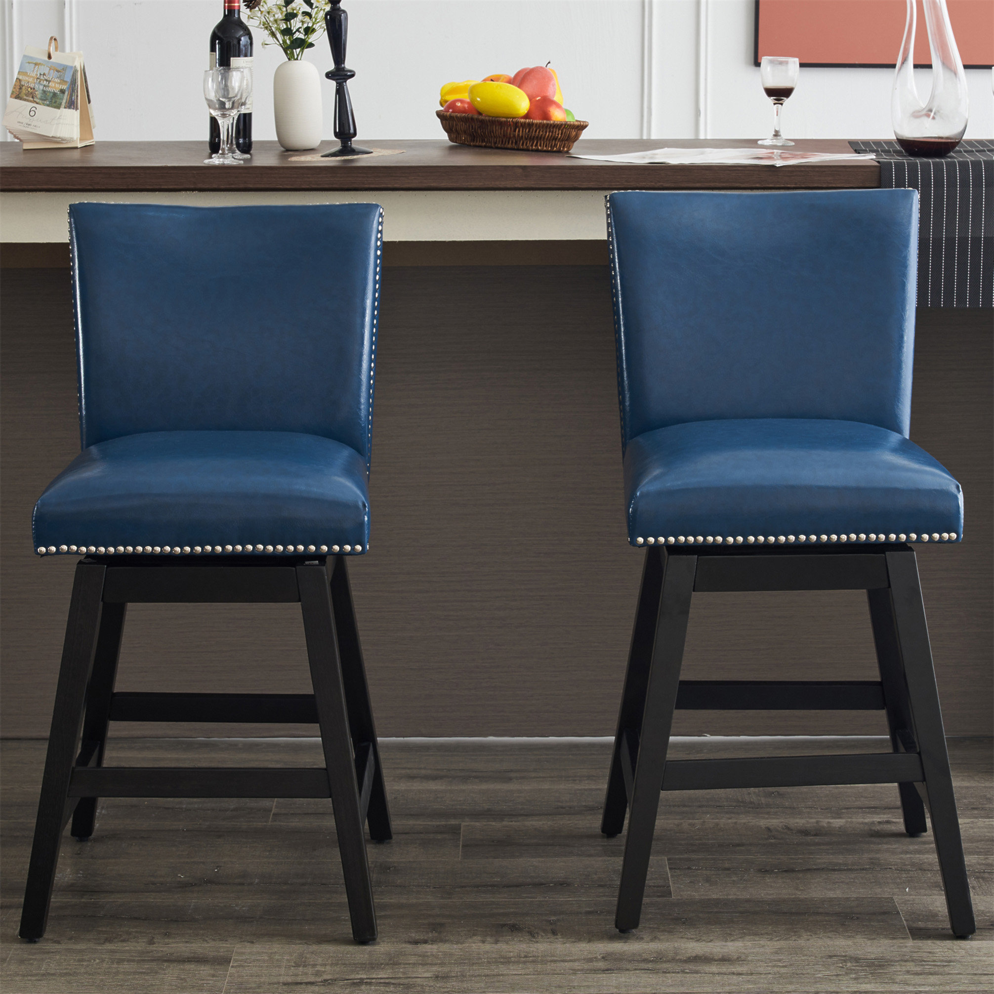 HLILish 26" Upholstered Swivel Bar Stools Set Of 2, Modern PU Leather ...