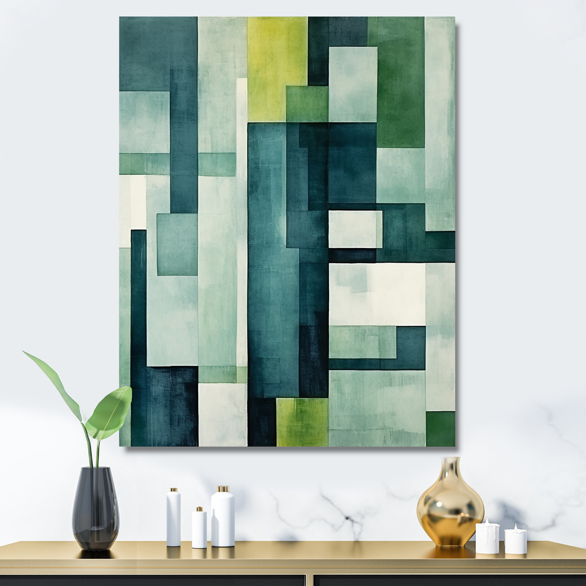 Design Art Green Cubic Line Art Deco II On Canvas Print | Wayfair