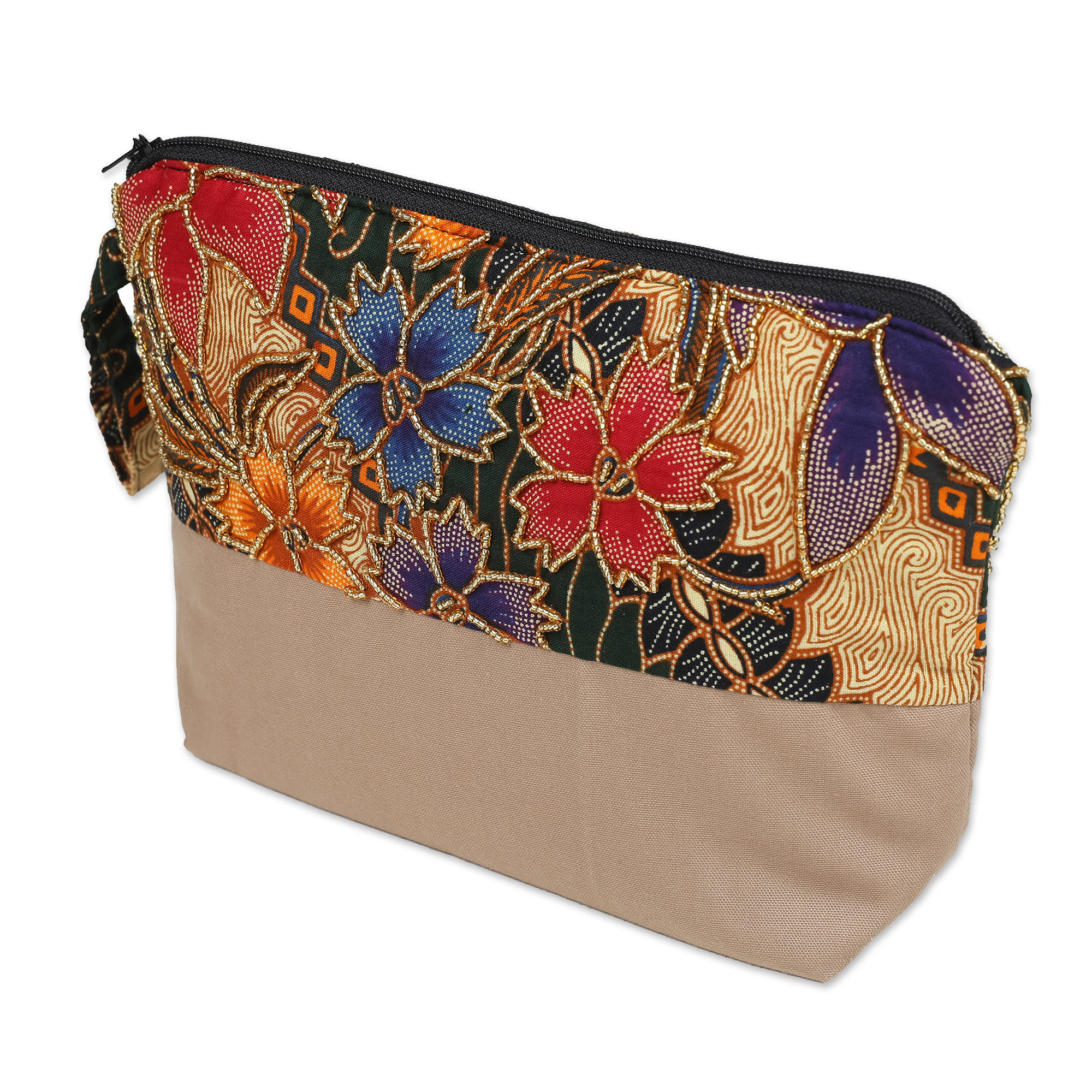 Novica Handmade Brown Blooming Embroidered Cotton Batik Cosmetic Bag ...