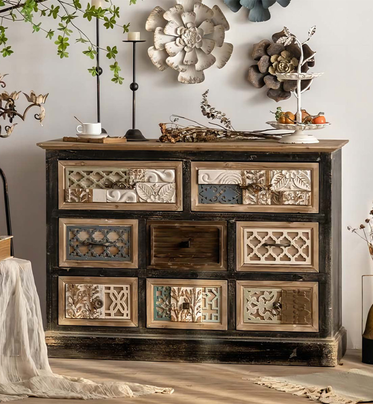 EliteFurnishings American Country Retro Carved Large-Capacity Accent ...