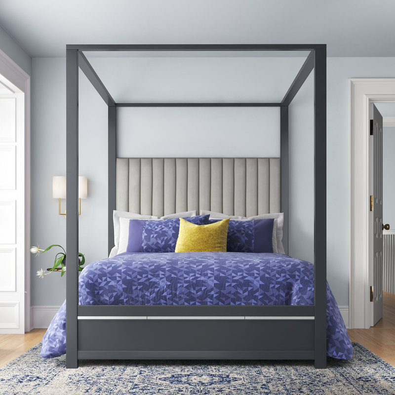 Willa Arlo™ Interiors Tottenham Canopy Bed with Grey Velvet Headboard ...