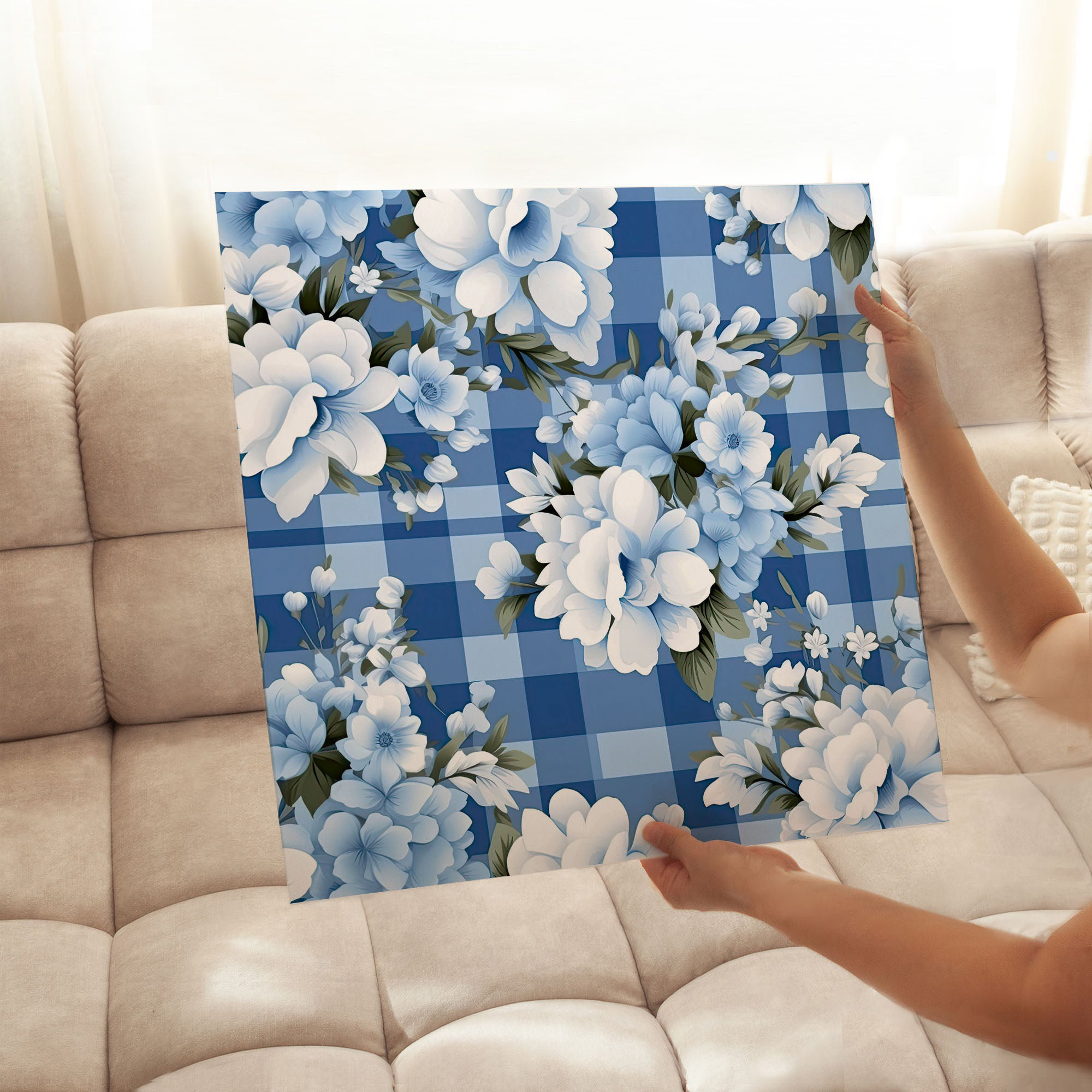 August Grove® Floral Blue Gingham Flowers XII Shabby Chic Unframed Art ...