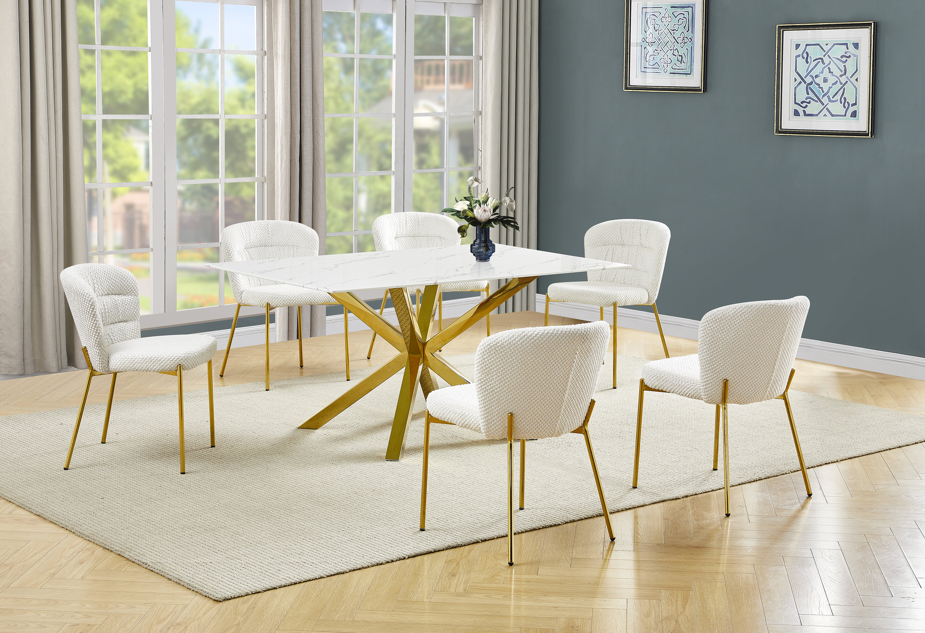 Everly Quinn Rectangular Glass With White Marble Wrap Dining Set With ...