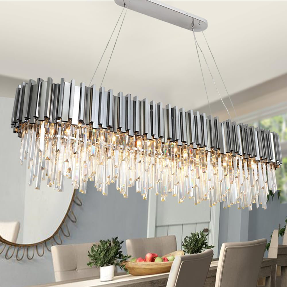 Mercer41 Modern Rectangular Crystal Chandelier With Dimmable Lighting ...