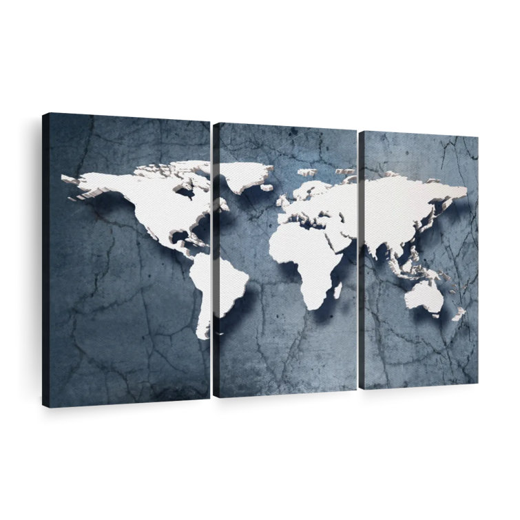 17 Stories Stone World Map On Canvas 3 Pieces by Globetrotter Studio ...