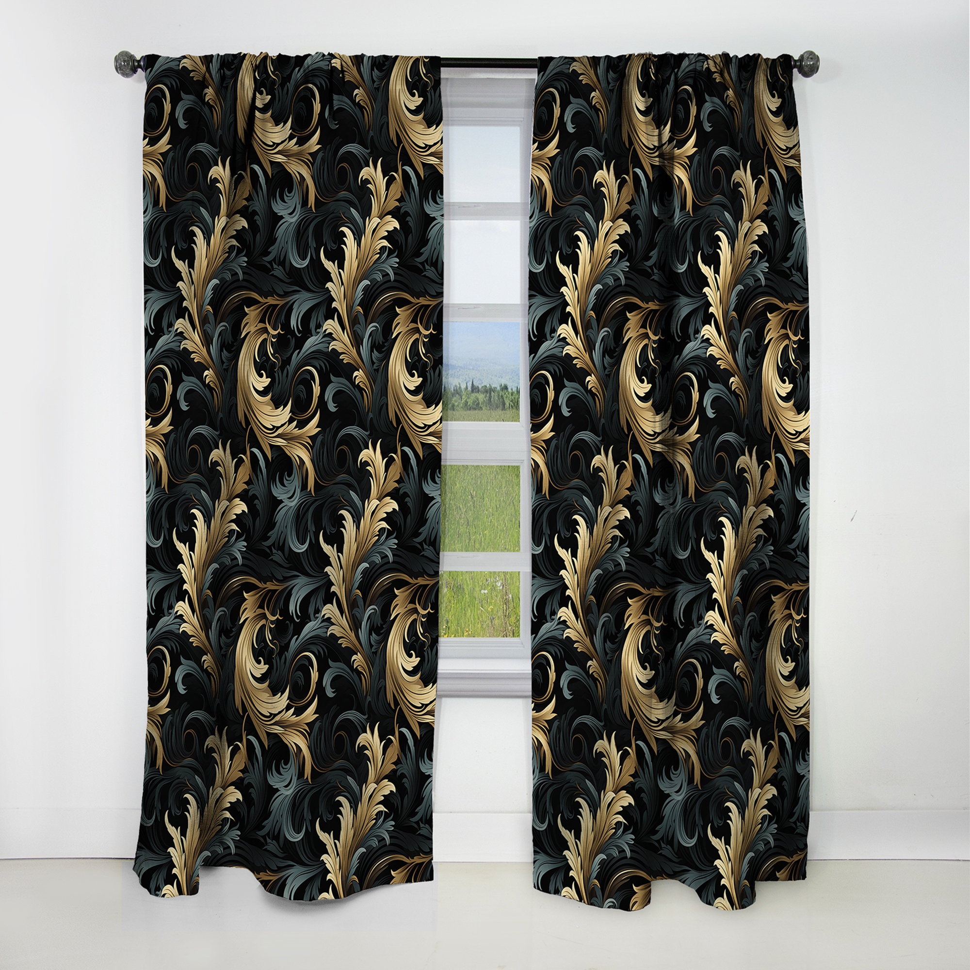 Design Art Black Ink Seamless Calligraphy Flourishes I - Damask Curtain ...