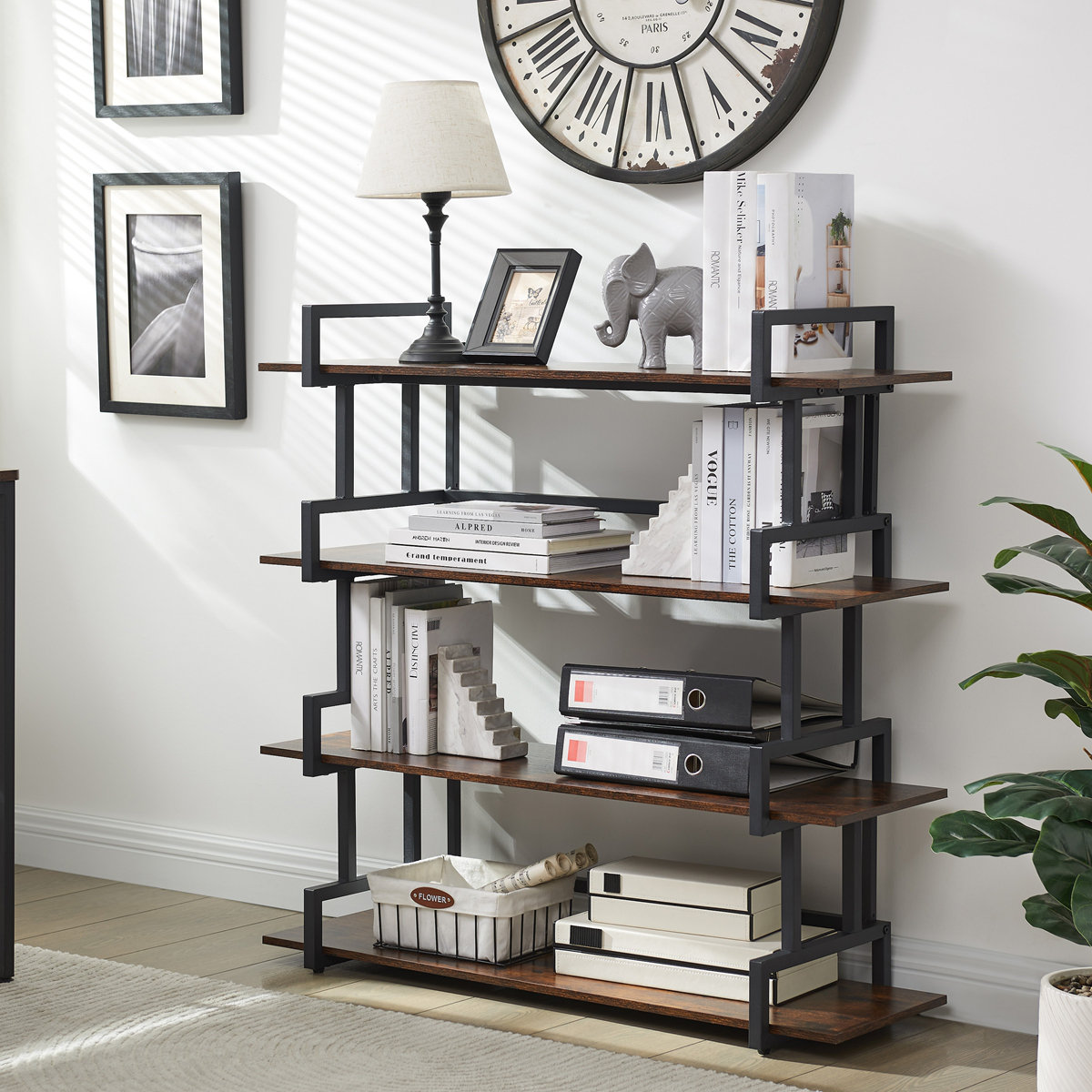 Ebern Designs 4 Tier Office Bookcase Shelf Display Shelf Rustic Wood ...