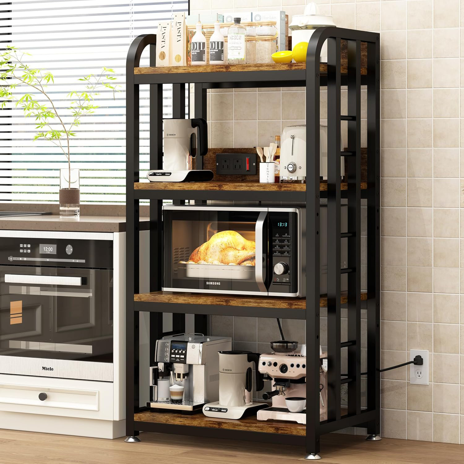 AMIBZ 4-Tier Kitchen Bakers Rack With Power Outlet And Rolling Wheels ...