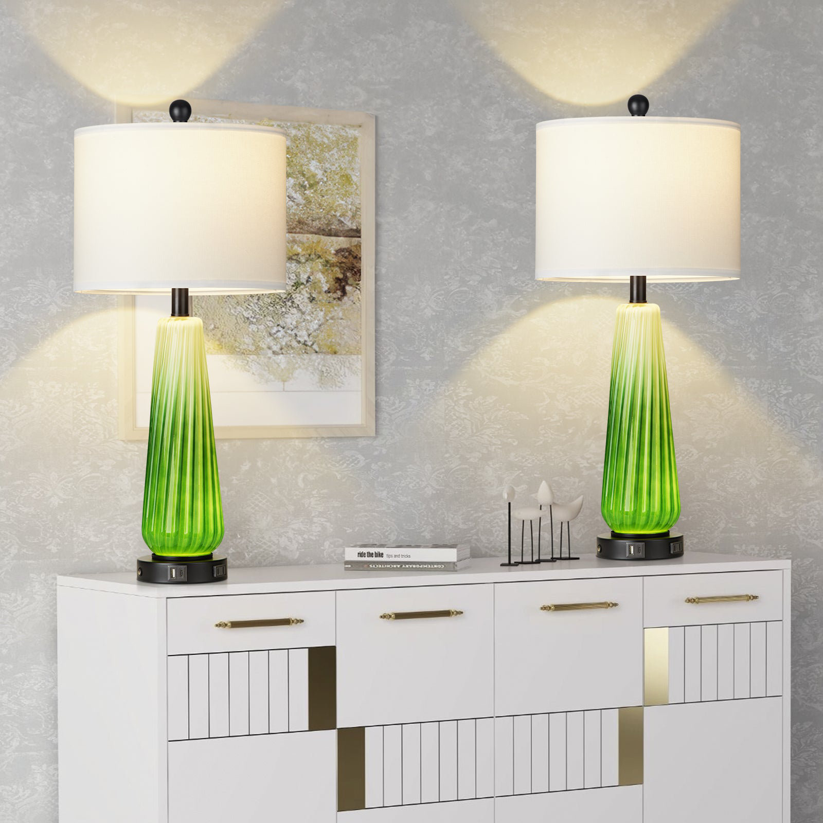 Orren Ellis Table Lamps Nightlight 2in1 Glass Green Ripple Style with ...